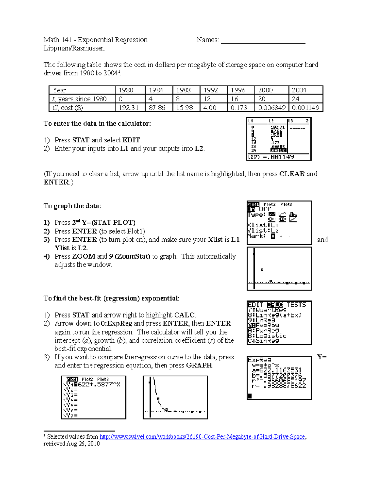 4 - 4.7-ExpRegworksheet.doc - Math 141 - Exponential Regression Names