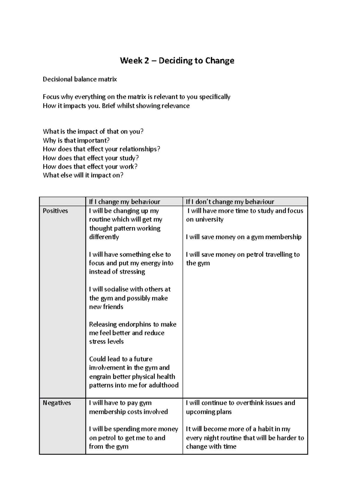 Week 2 – Deciding to Change - Week 2 – Deciding to Change Decisional ...