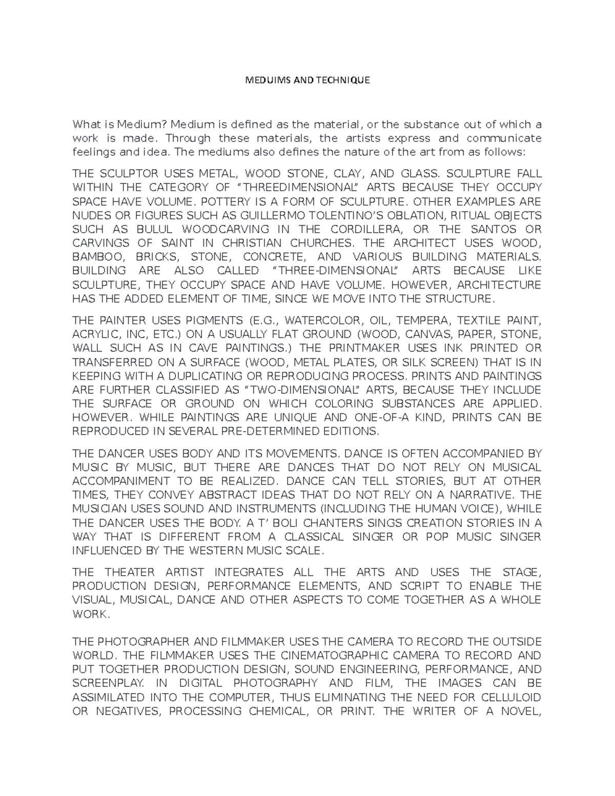 Meduims-AND- Technique - MEDUIMS AND TECHNIQUE What is Medium? Medium ...