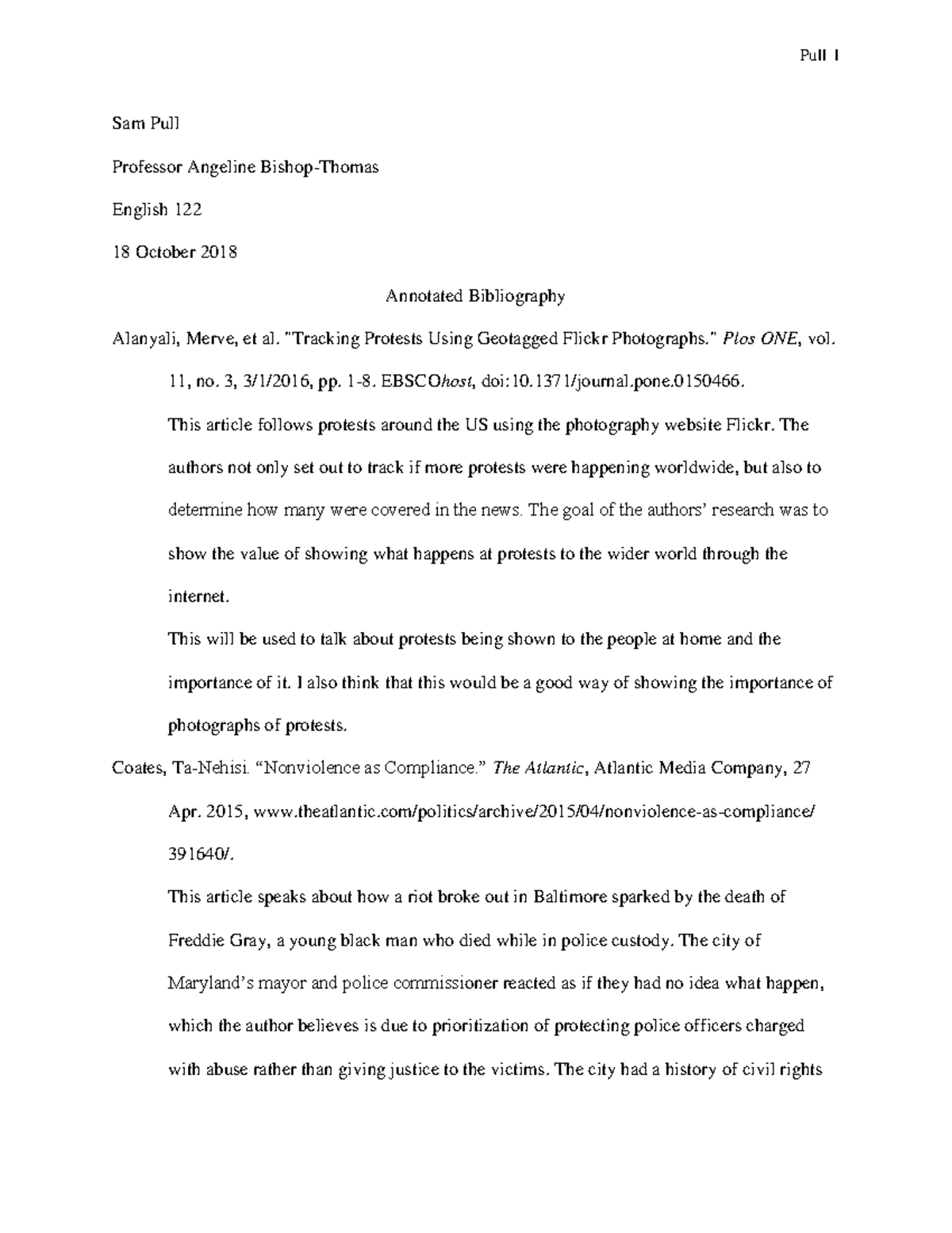 Annotated Bibliography Example - Pull 1 Sam Pull Professor Angeline ...