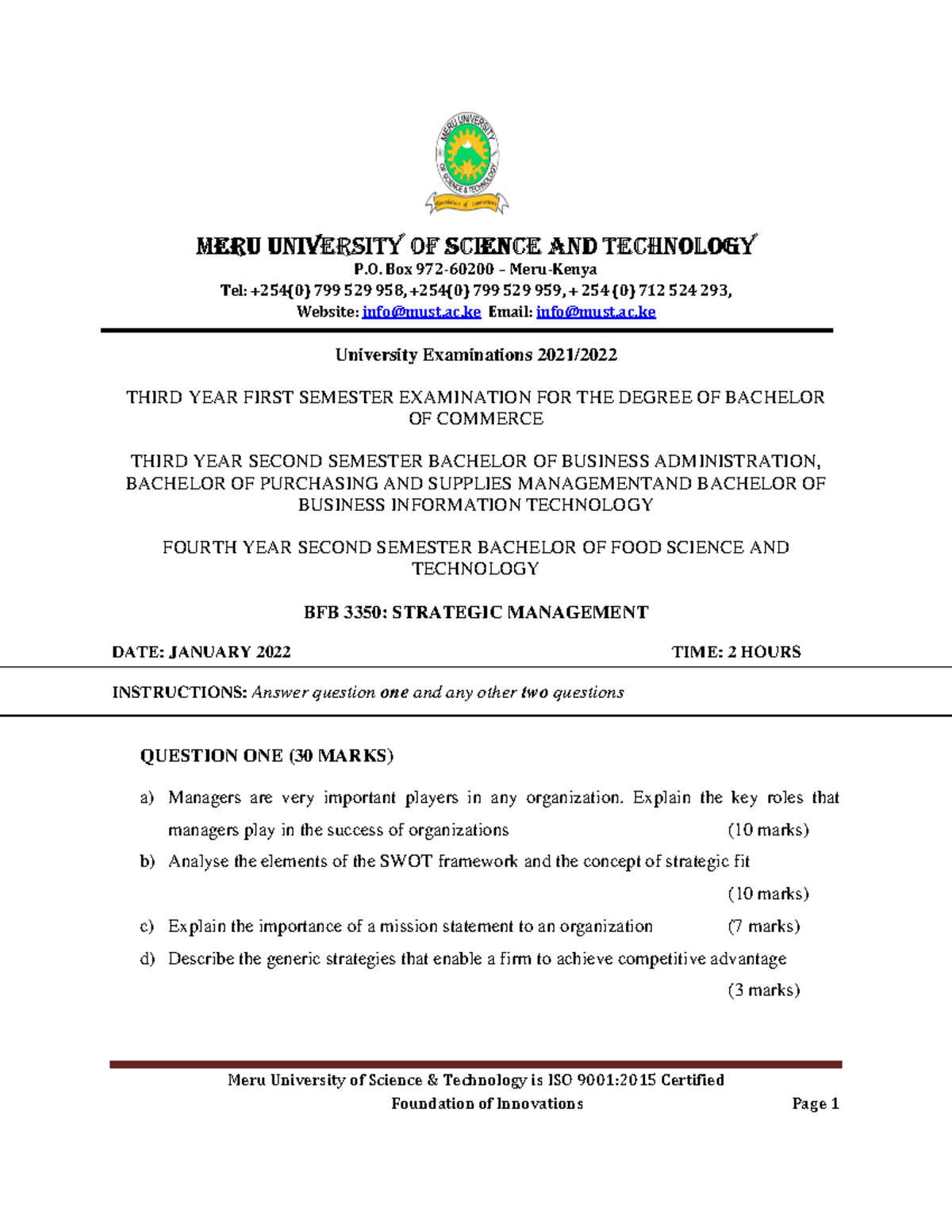 BFB 3350 Strategic Management 1 1 - Meru University of Science & Technology is ISO 9001:2015 ...