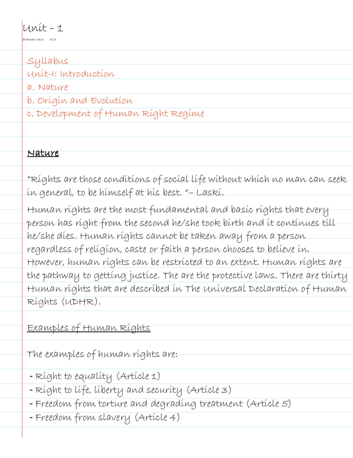Human rights notes - Syllabus Unit-I: Introduction a. Nature b. Origin ...