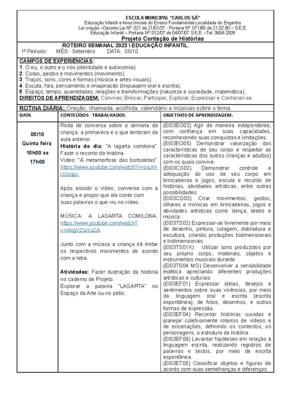 Roteiro outubro - Atividades preparatórias - ESCOLA MUNICIPAL “CARLOS ...