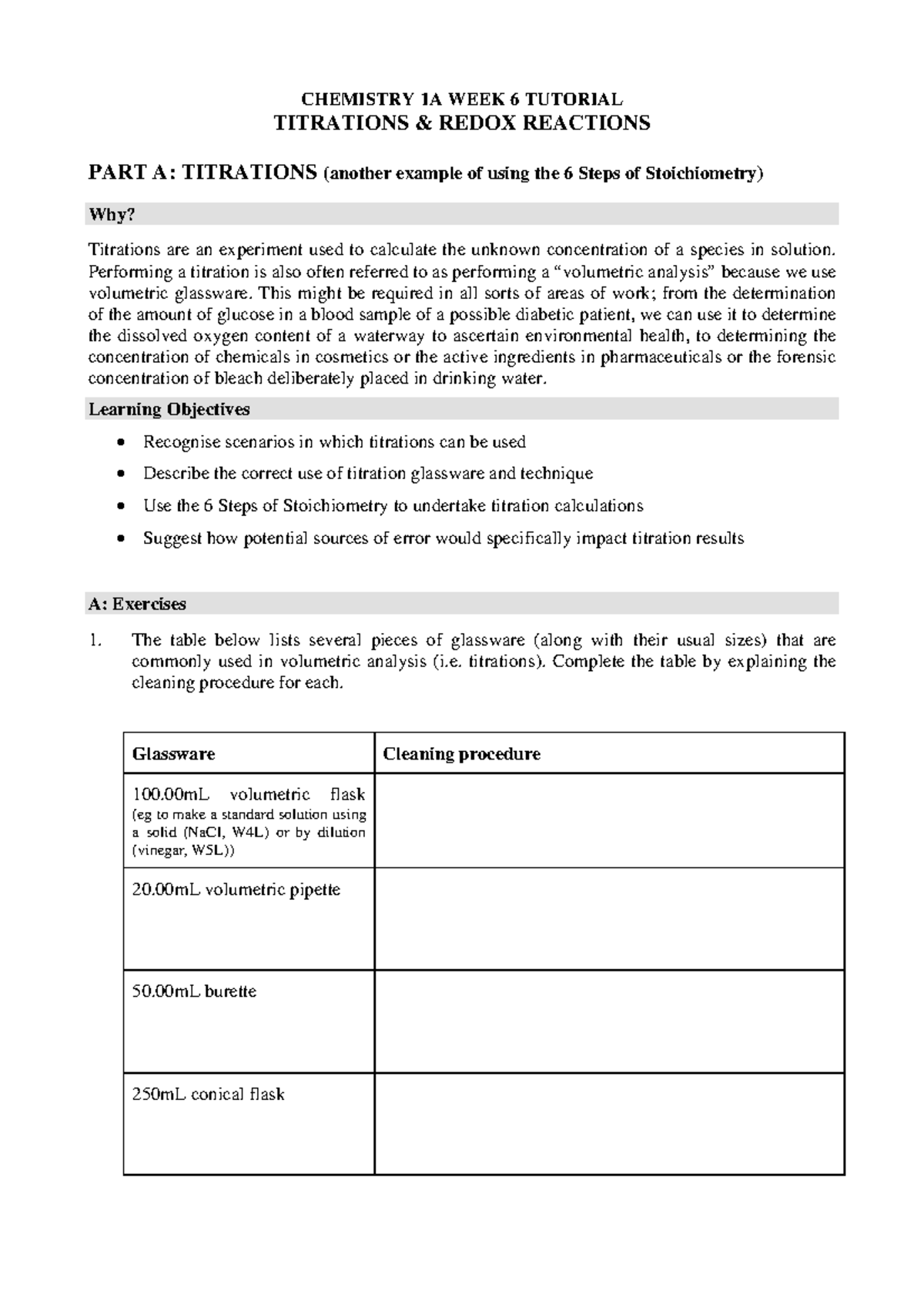 W6T 2021 handout - Week 6 Tutorial Sheet - CHEMISTRY 1A WEEK 6 TUTORIAL ...