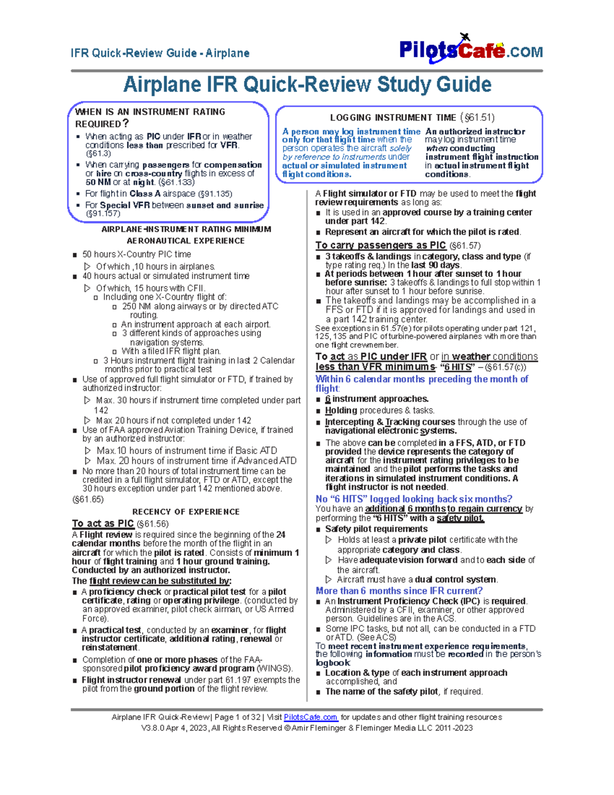 IFRQuick Review Sheets - A Flight simulator or FTD may be used to meet ...