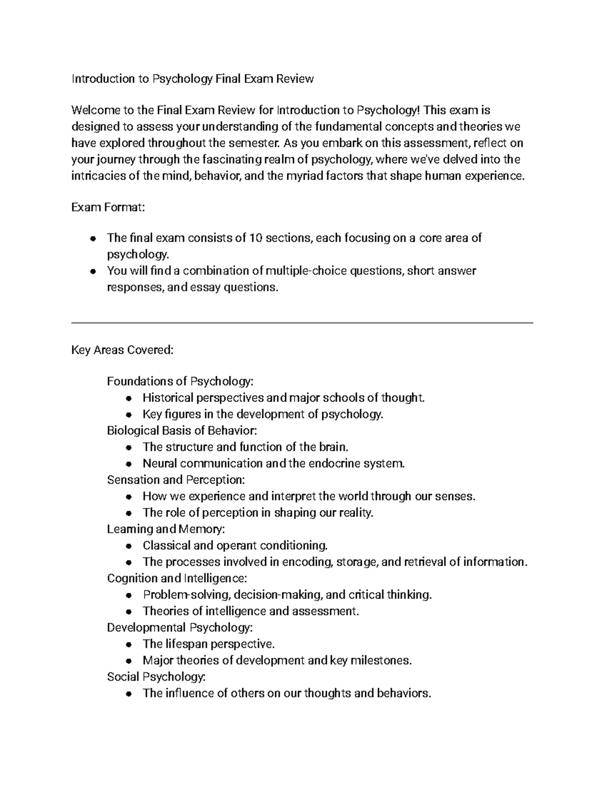 Introduction to Psychology Final Exam Review - As you embark on this ...