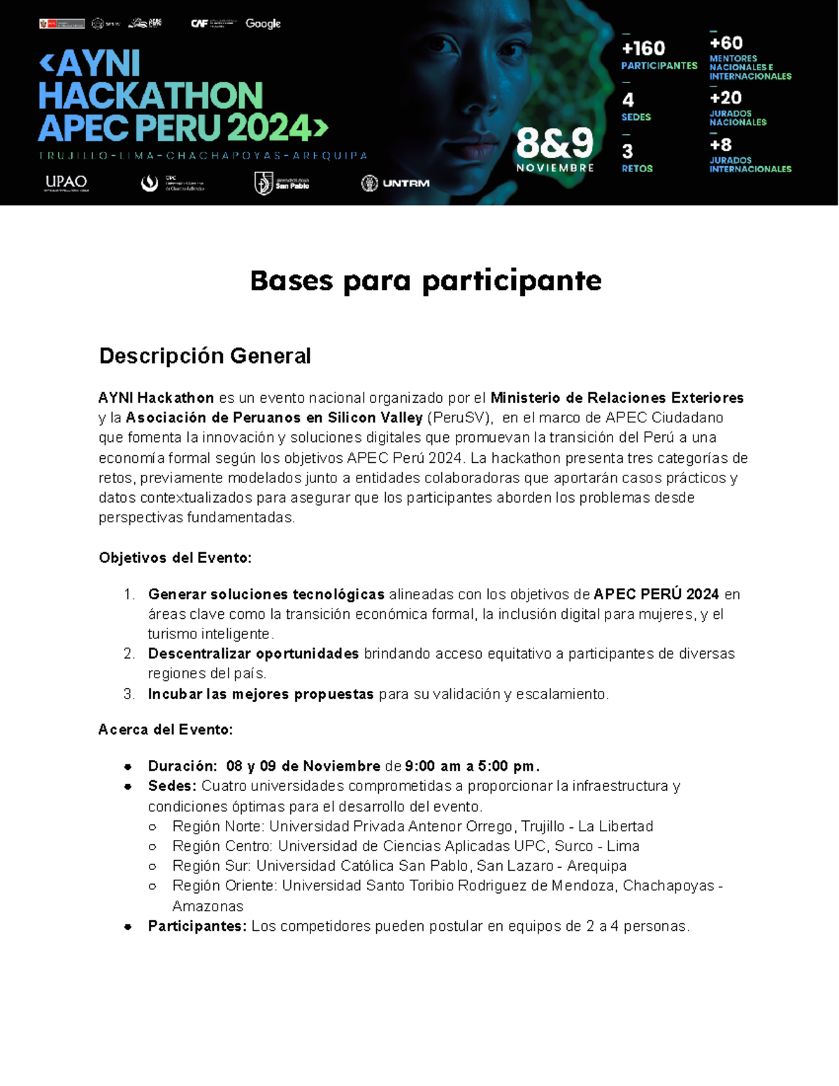Bases AYNI Hackathon APEC PERU 2024 - Bases para participante Descripción General AYNI Hackathon ...