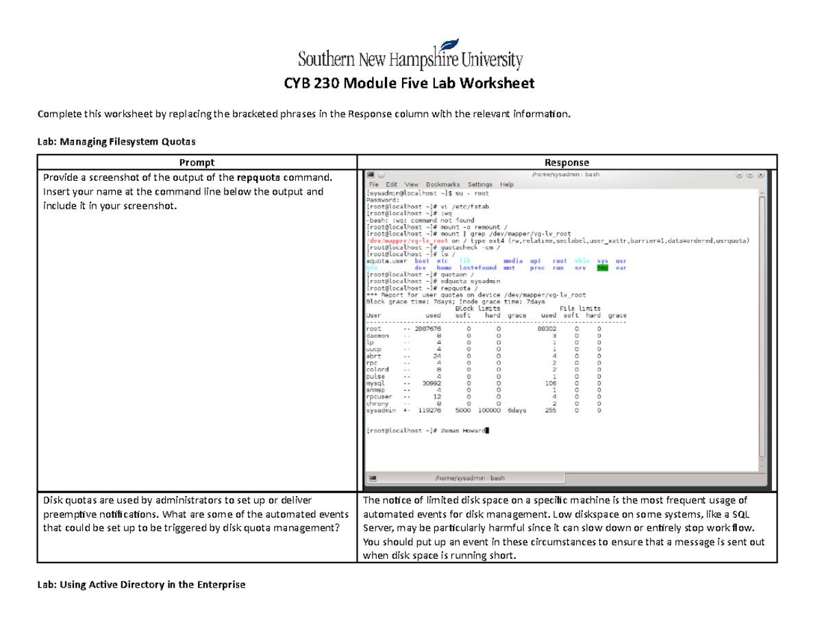 Cyb 230 Module Five Lab Zemas Howard Cyb 230 Module Five Lab Worksheet Complete This Worksheet