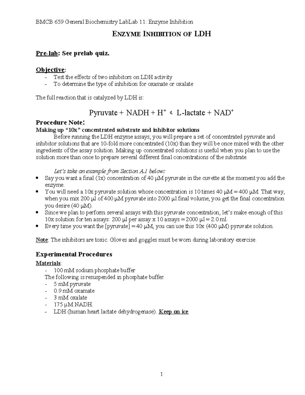 Lab 11 Enzyme Kinetics Lab protocol only - ENZYME INHIBITION OF LDH Pre ...