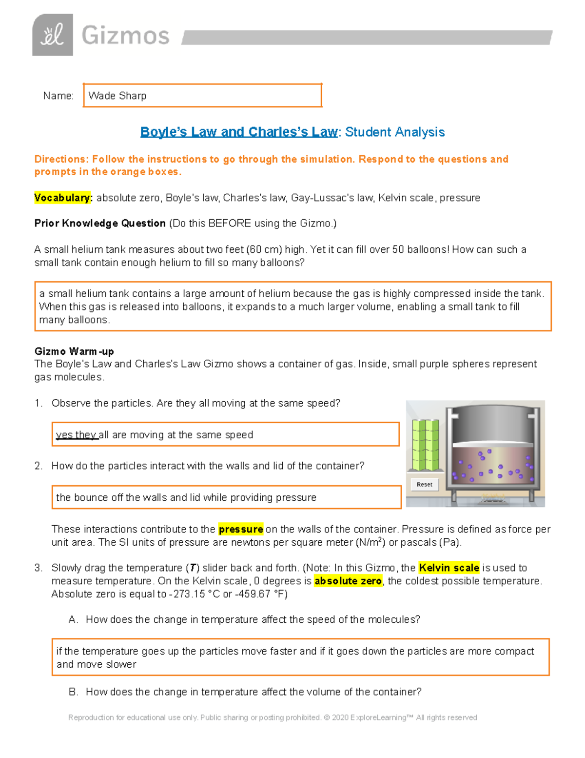 Boyle's Law & Charles's Law Gizmos - Name: Wade Sharp Boyle’s Law and ...