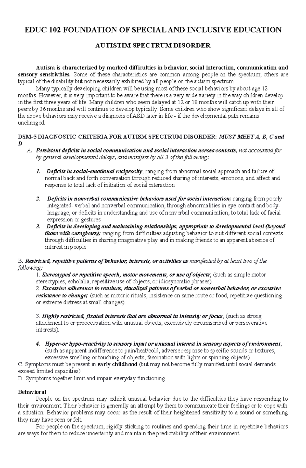 Autisim Spectrum Disorder - EDUC 102 FOUNDATION OF SPECIAL AND ...