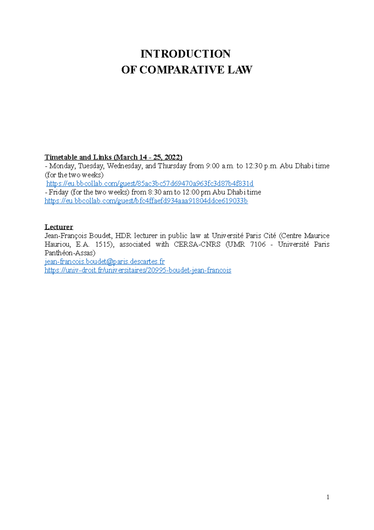 Course Plan Introduction of Comparative Law (JF Boudet), 2022 ...