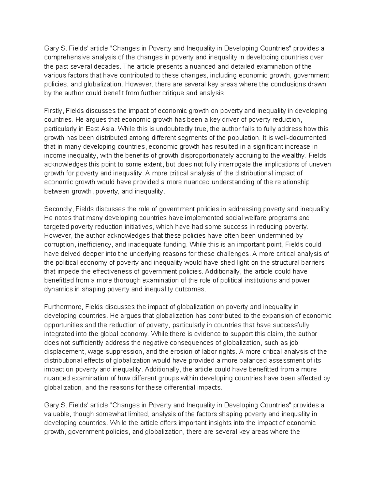 Poverty and Development assignment - Gary S. Fields' article "Changes ...