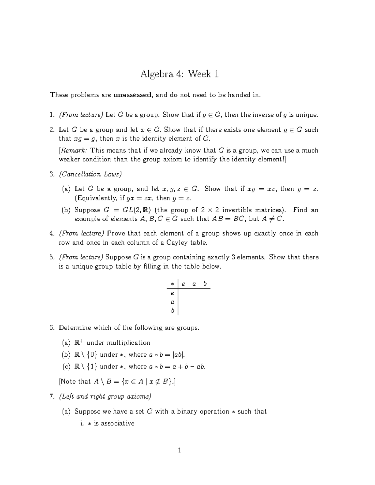 Week1 Problem Sheet - Algebra 4: Week 1 These problems are unassessed ...