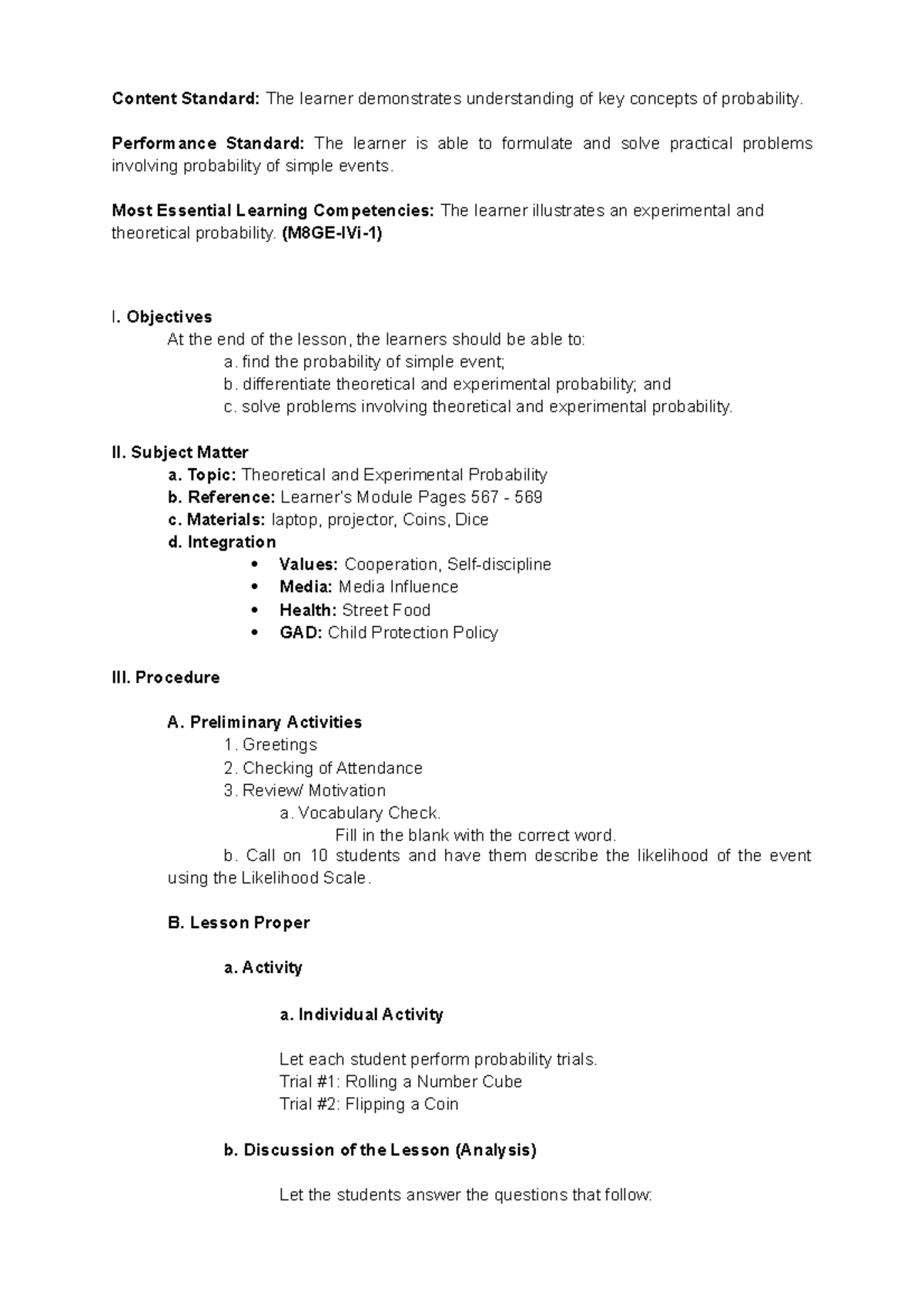 Lesson Plan in Probability - Content Standard: The learner demonstrates ...