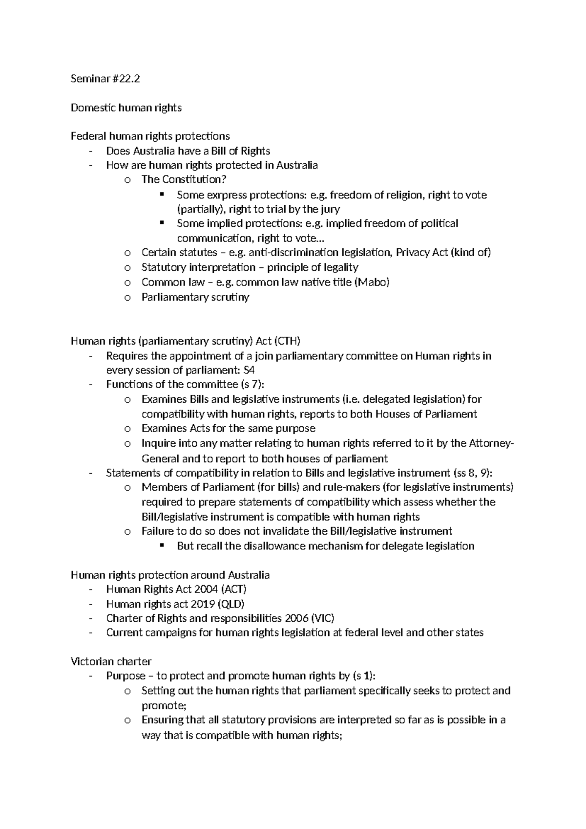 Seminar #22 - notes - Seminar #22. Domestic human rights Federal human ...