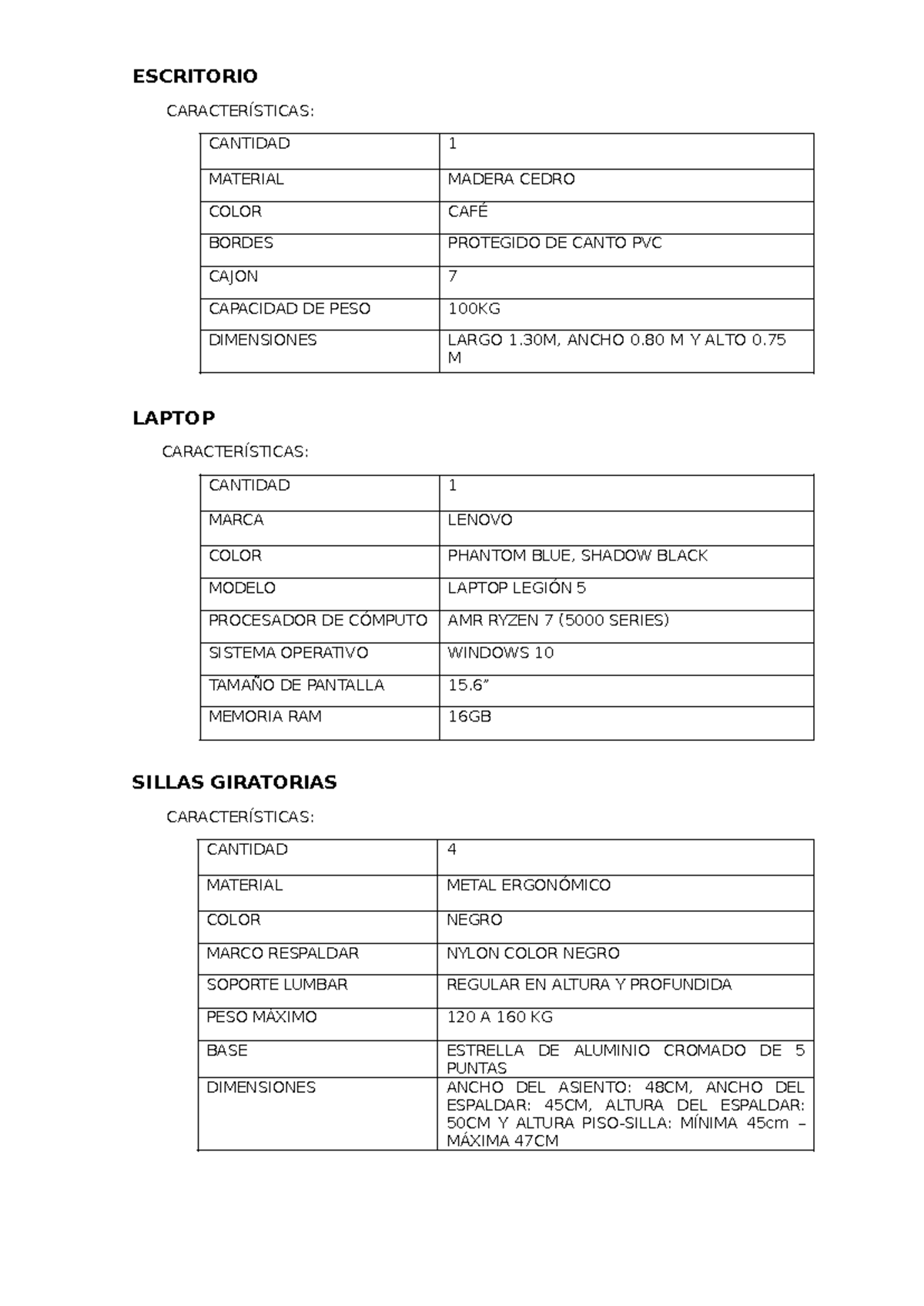 Escritorio - informe - ESCRITORIO CARACTERÍSTICAS: CANTIDAD 1 MATERIAL ...