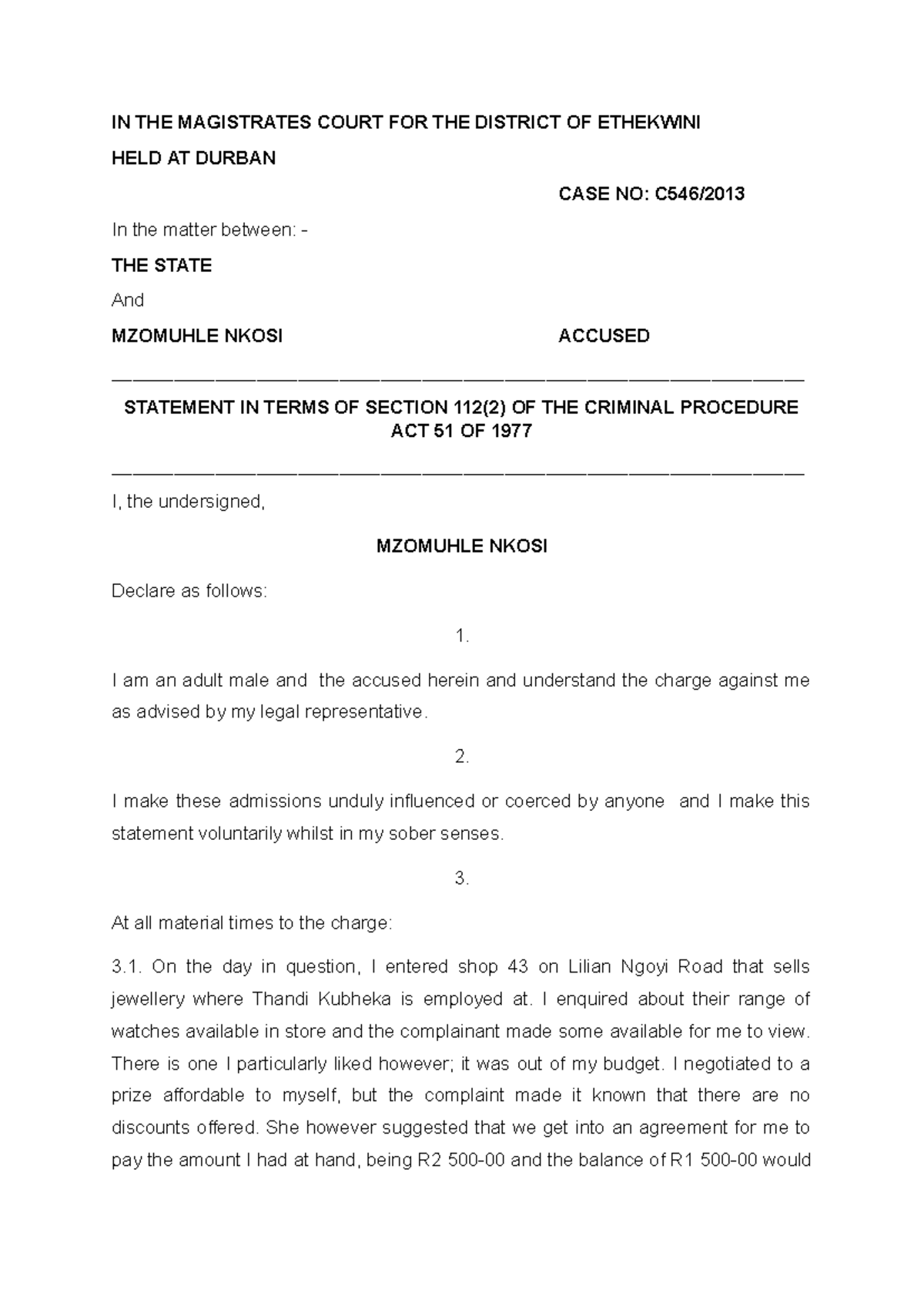 Section 220 admissions - IN THE MAGISTRATES COURT FOR THE DISTRICT OF ...