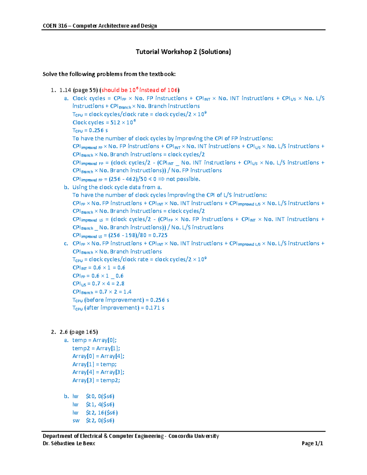 Coen316-TW2 sol - tutorial 2 solution - COEN 316 – Computer Architecture and Design Department ...