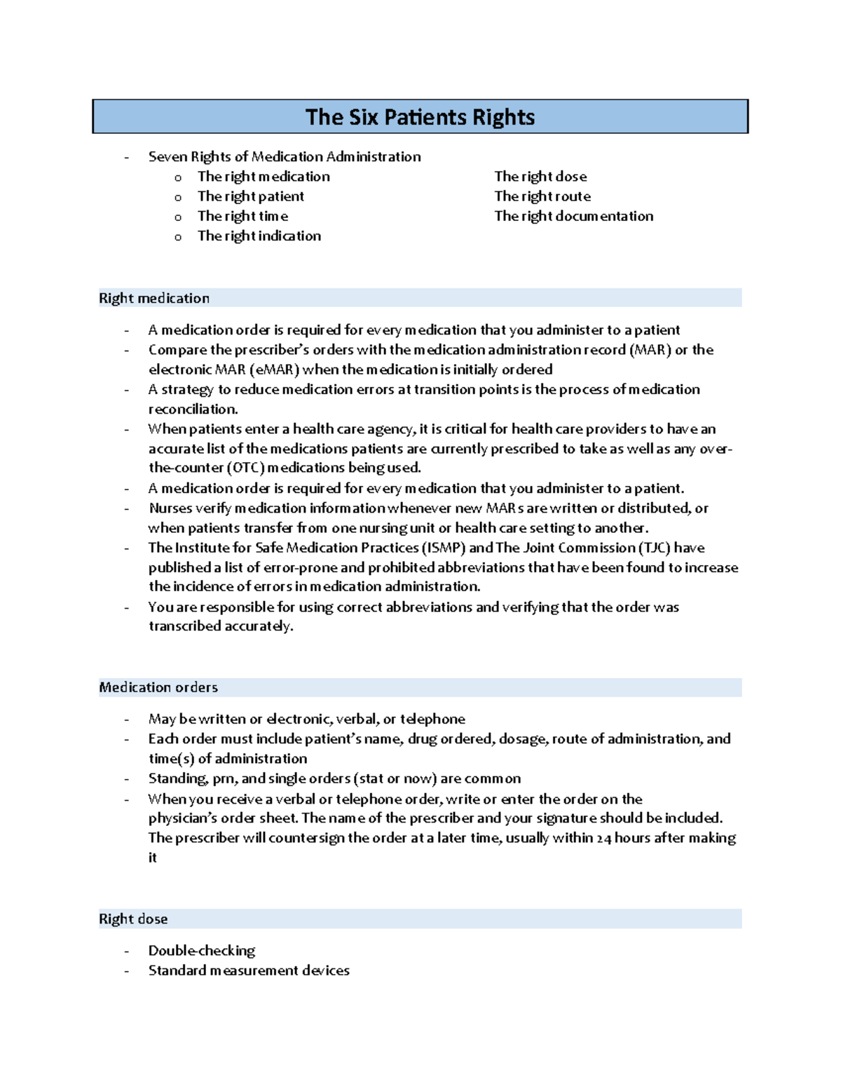 NUR- 6 Rights - The six right of medication administration as well as a ...