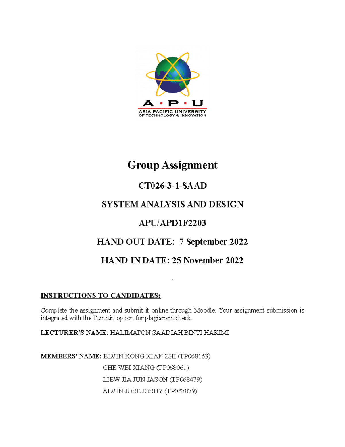 SAAD assignment - Group Assignment CT026-3-1-SAAD SYSTEM ANALYSIS AND DESIGN APU/APD1F HAND OUT ...
