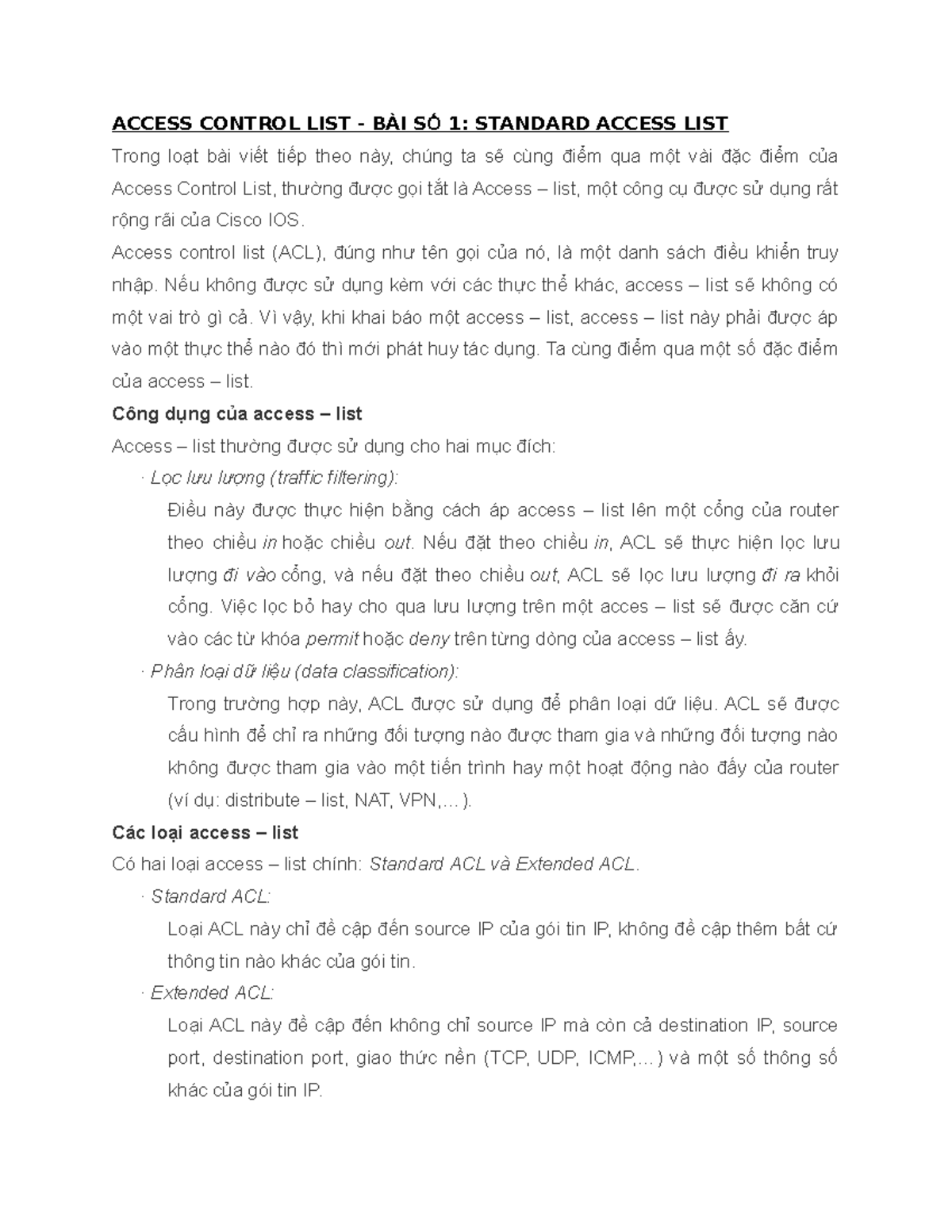 Access Control LIST 1 Standart Access LIST - ACCESS CONTROL LIST - BÀI SỐ 1: STANDARD ACCESS ...