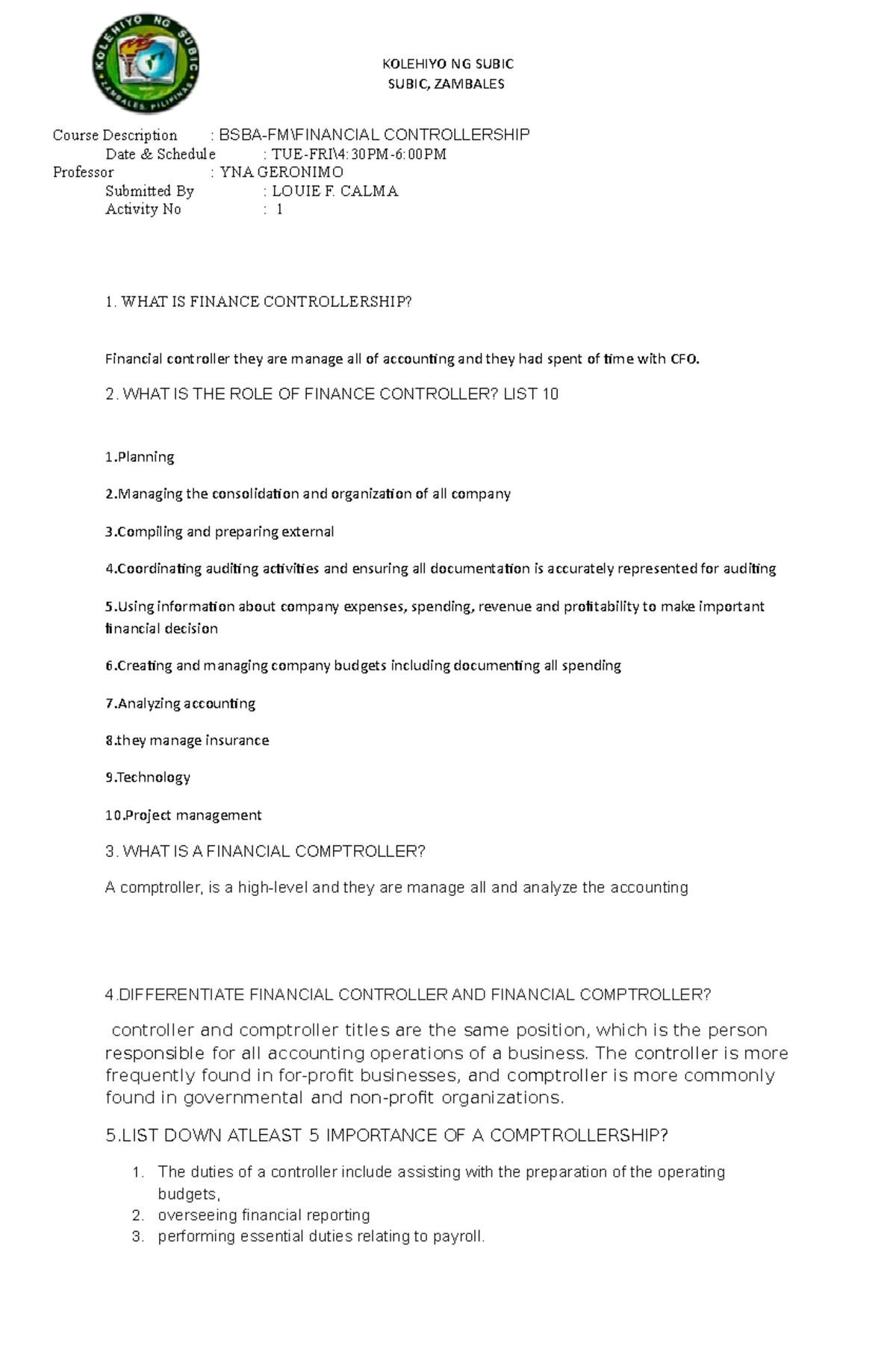 Financial Controller Roles of Controller - KOLEHIYO NG SUBIC SUBIC ...