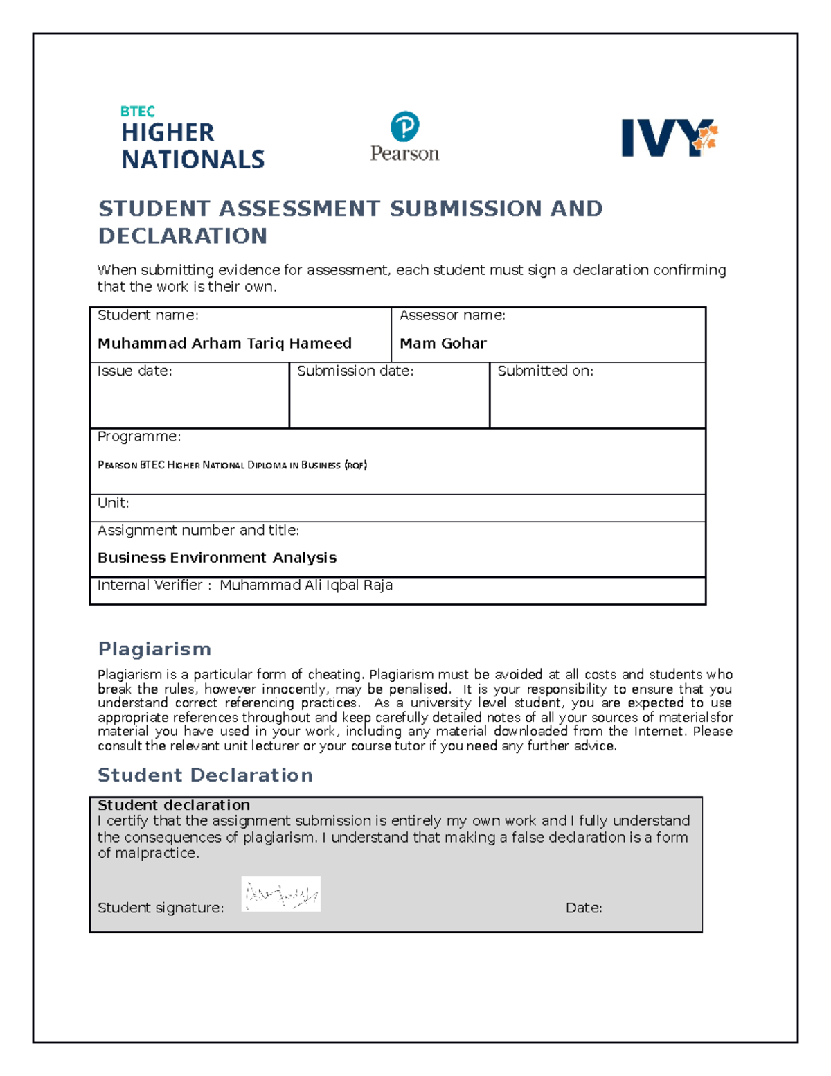 Business Environment - Assignment for HNC - STUDENT ASSESSMENT SUBMISSION AND DECLARATION When ...