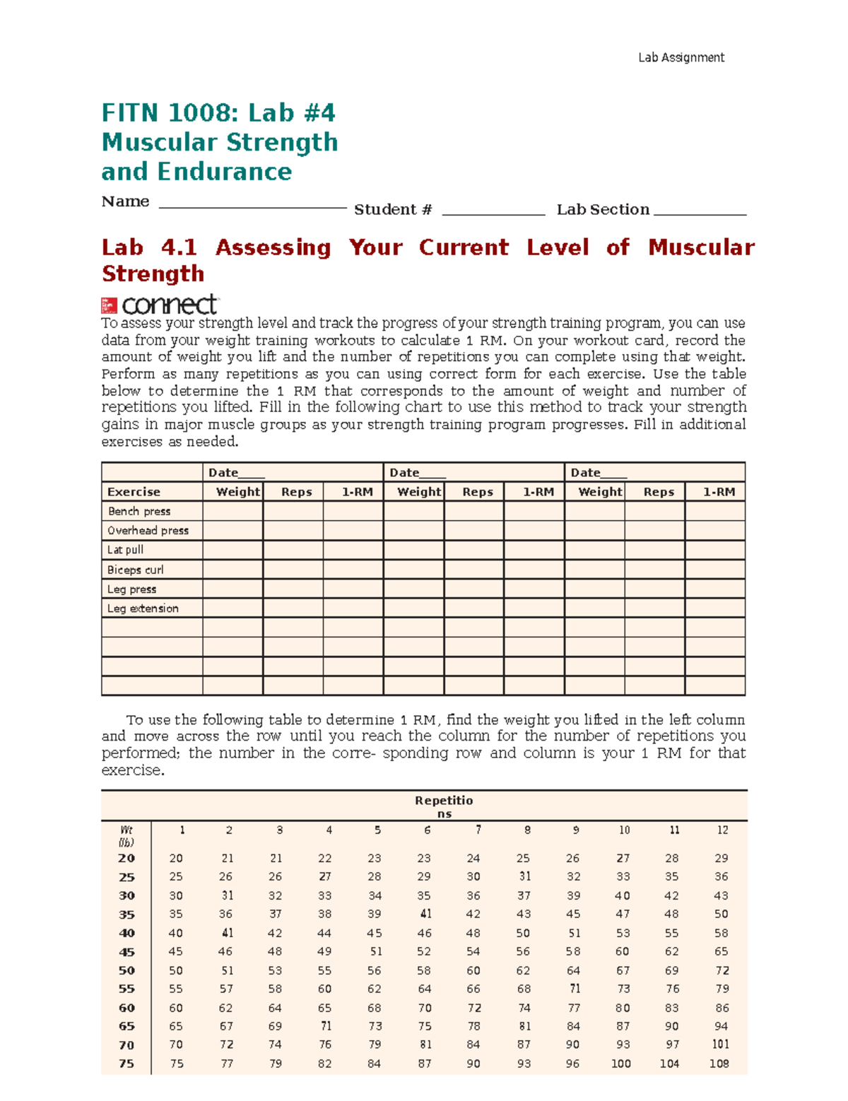 FITN 1008- Lab #4 Muscular Strength and Endurance - FITN 1008: Lab ...
