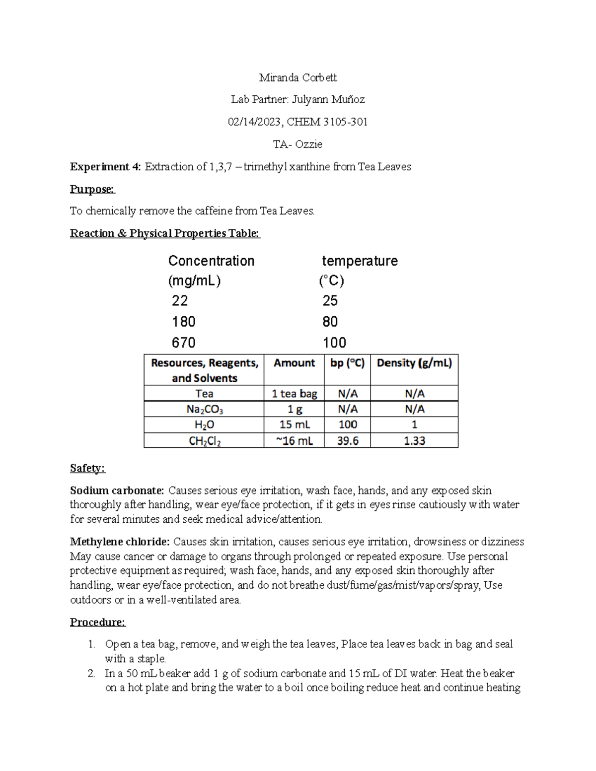 Chem 3105 Lab Report 4 - Miranda Corbett Lab Partner: Julyann Muñoz 02 ...