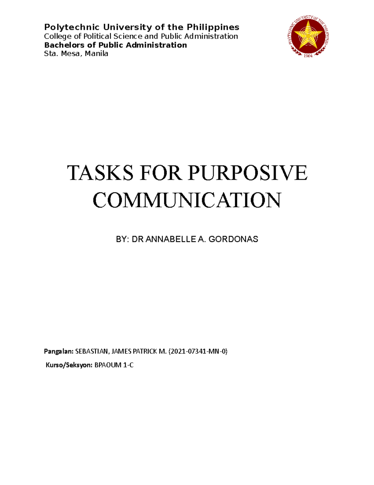 Assessment 1 Sebastian - Polytechnic University of the Philippines ...