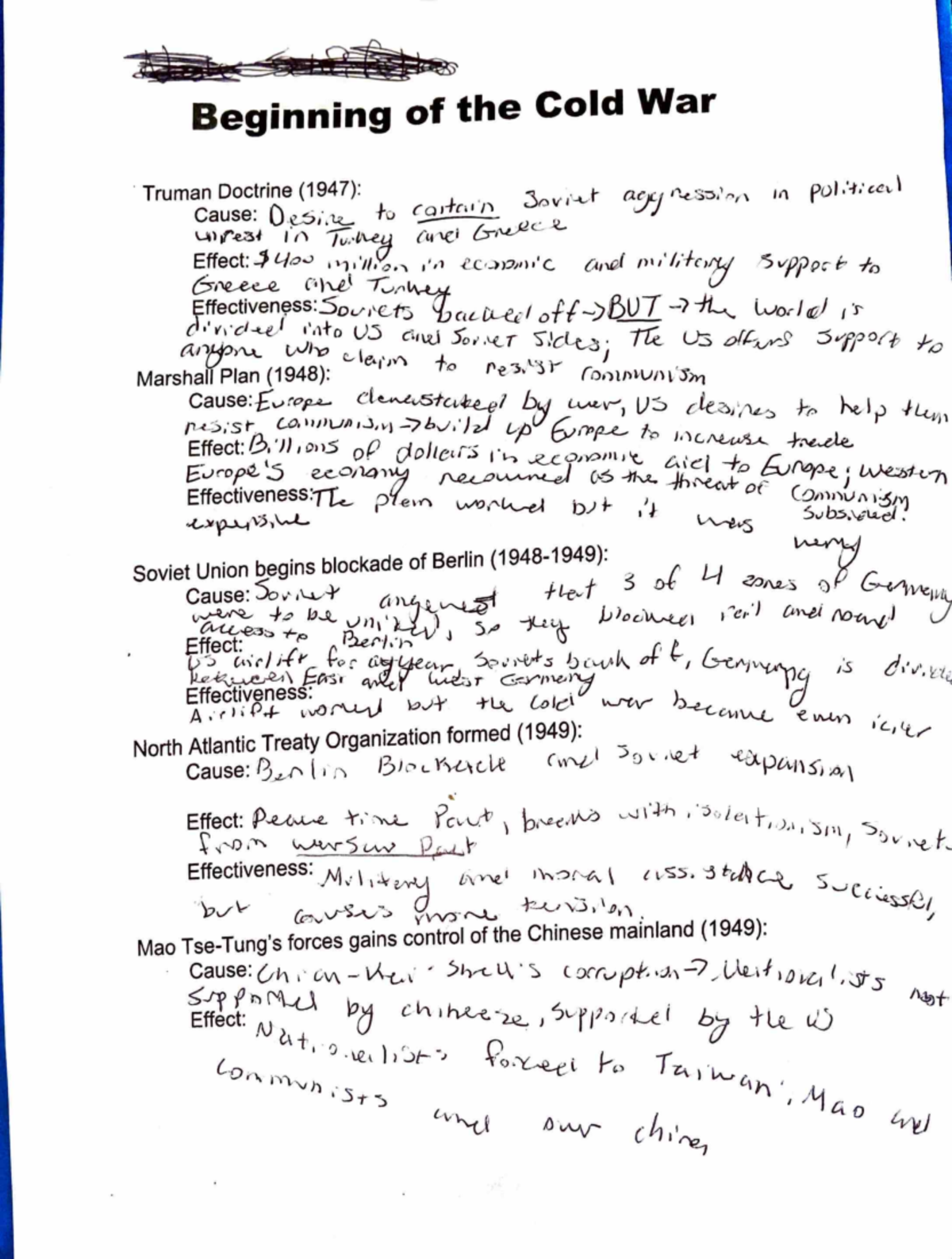 Cold War - Class notes assignment. - ··t~f Beginning of the Cold War ...