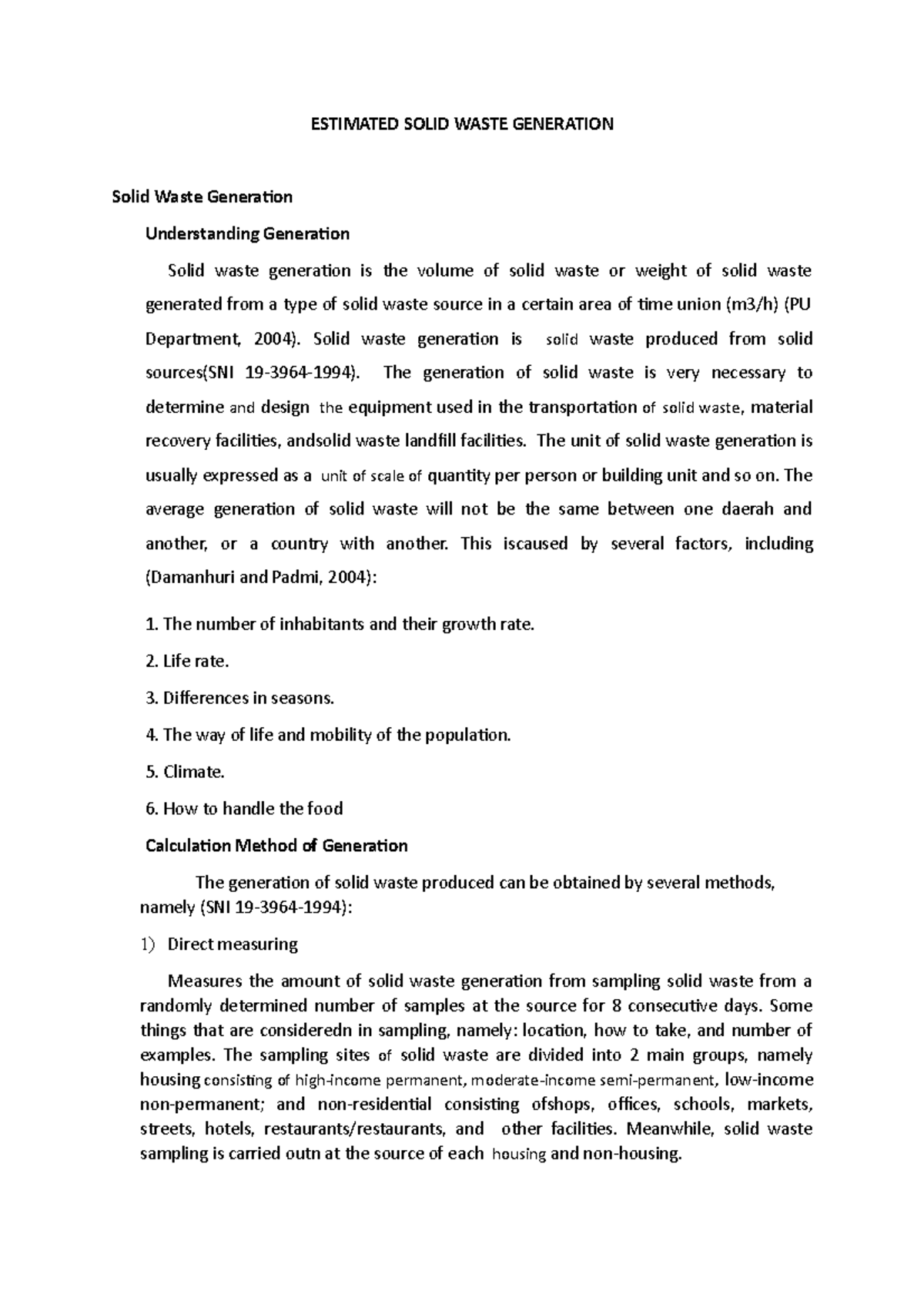 Estimated Solid Waste Generation - ESTIMATED SOLID WASTE GENERATION ...