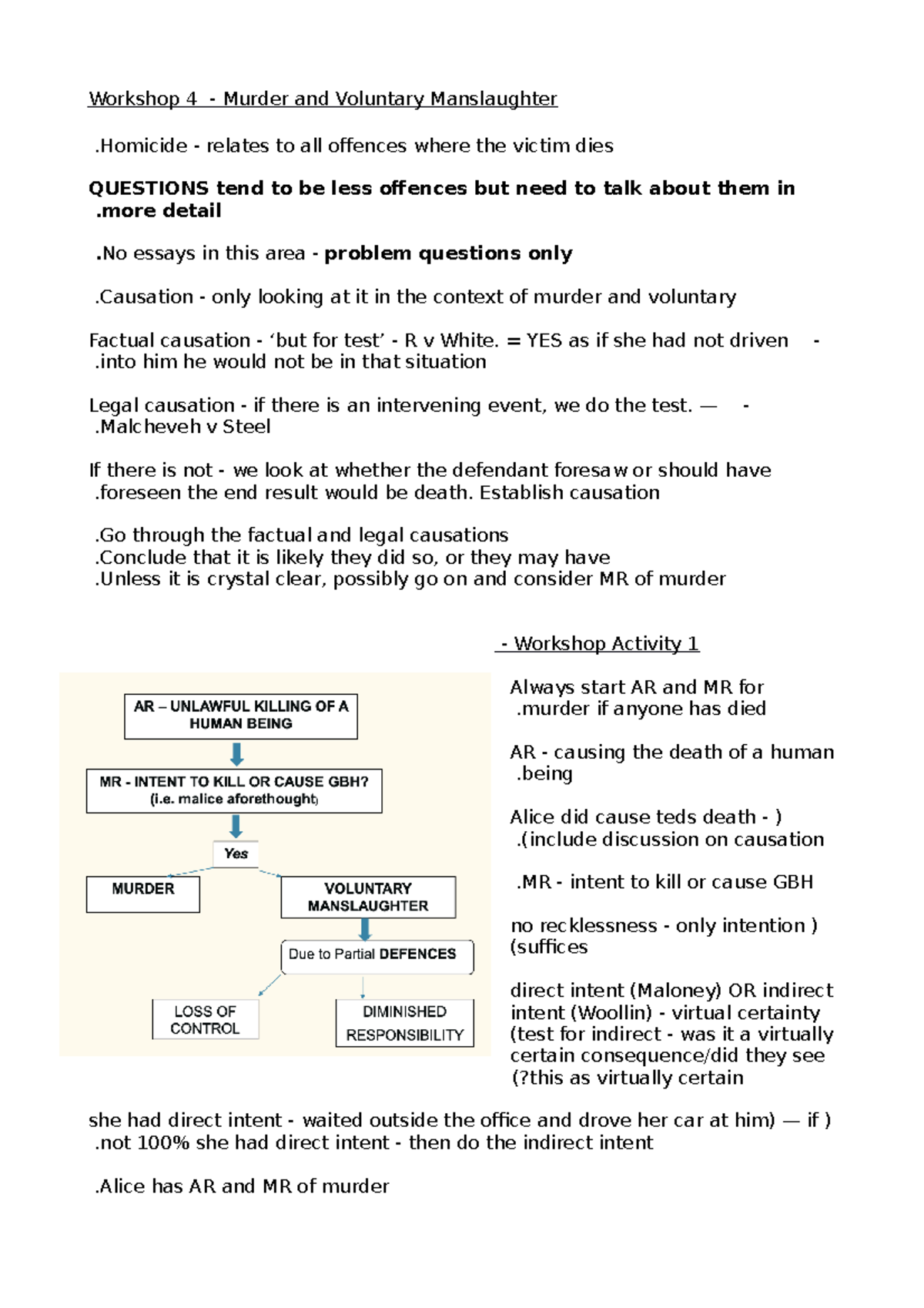 Workshop 4 Criminal Notes - Workshop 4 - Murder and Voluntary ...