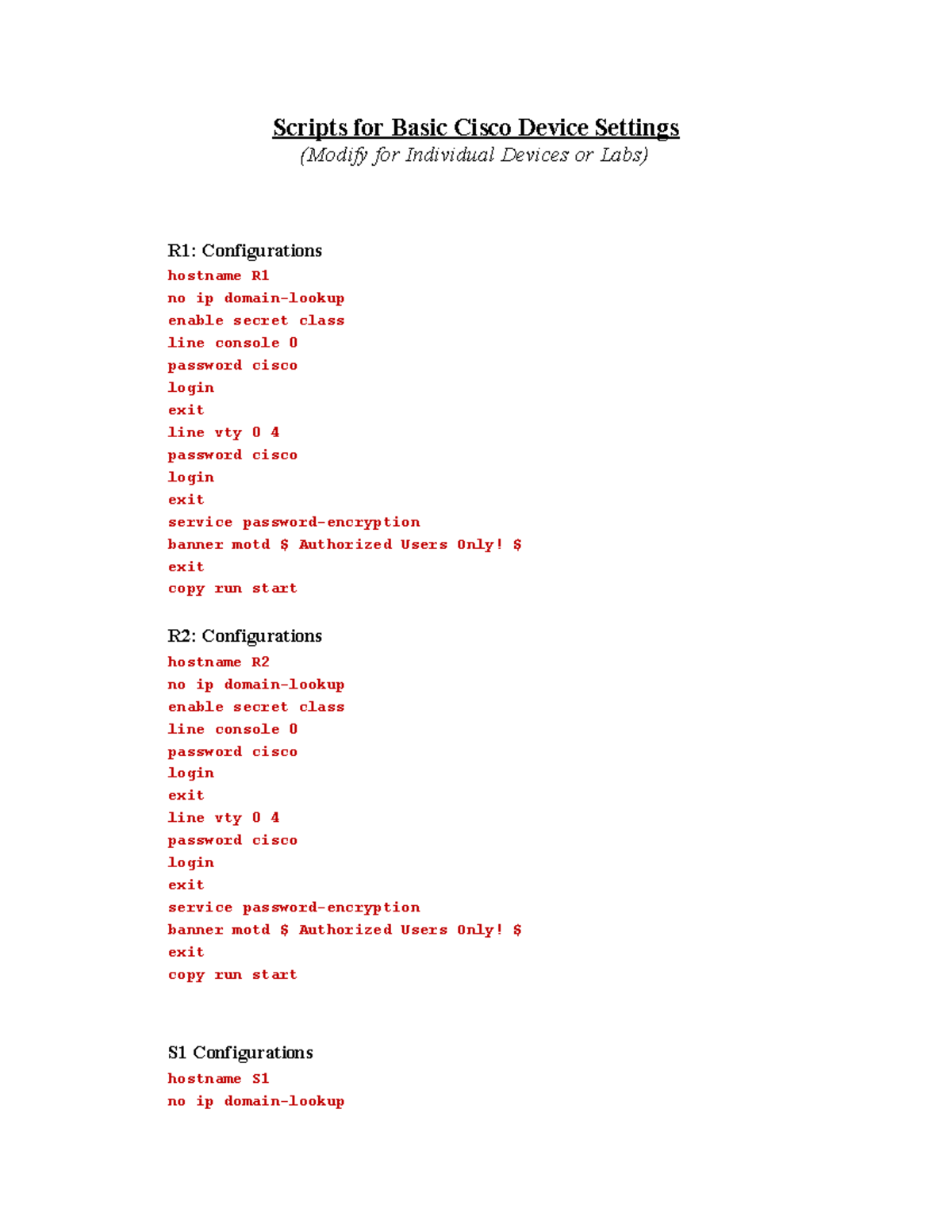 Switch And Router Configuration Scripts 1 Scripts For Basic Cisco