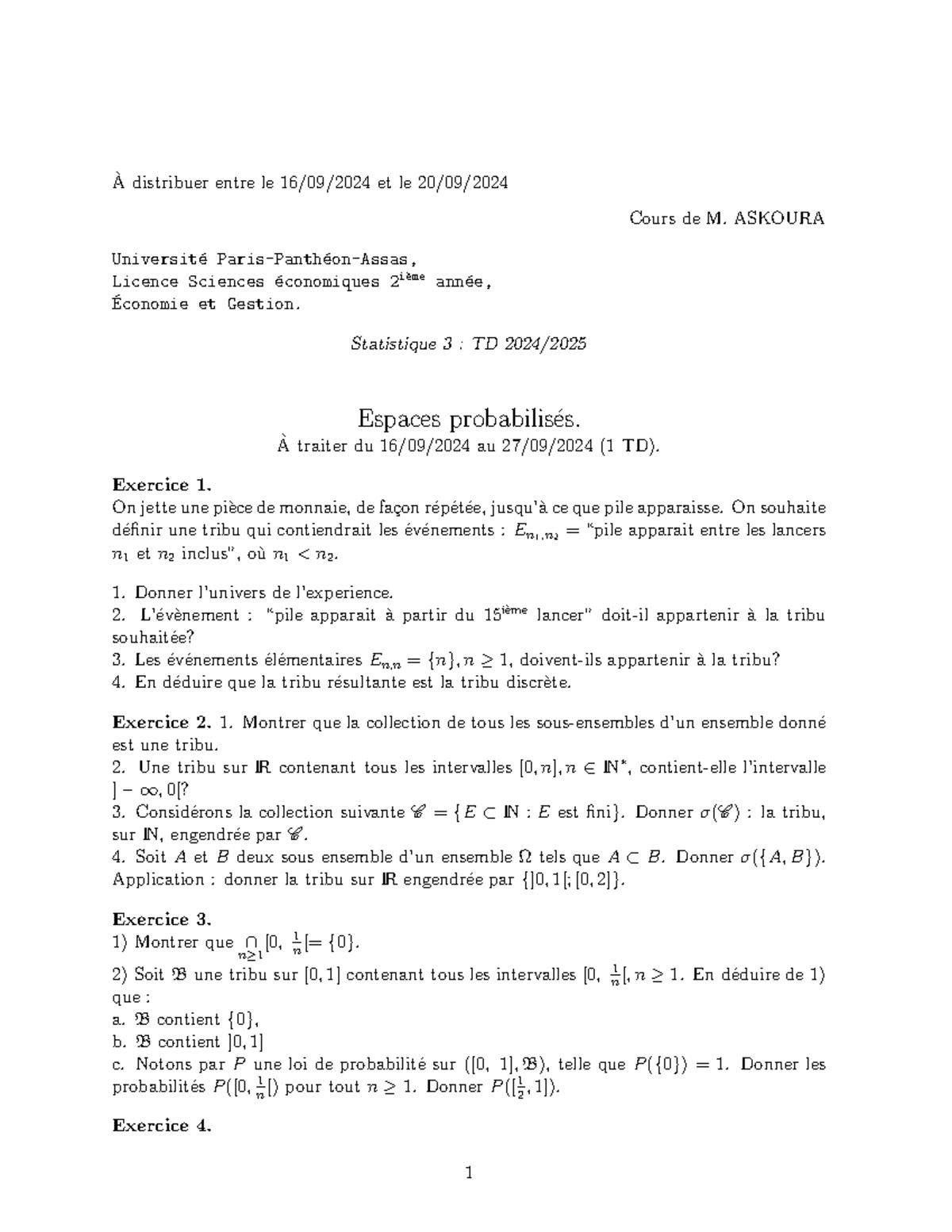 STAT3 Assas TD-Proba 2024 2025 T - A distribuer entre le 16/09/2024 et le 20/09/2024` Cours de M ...
