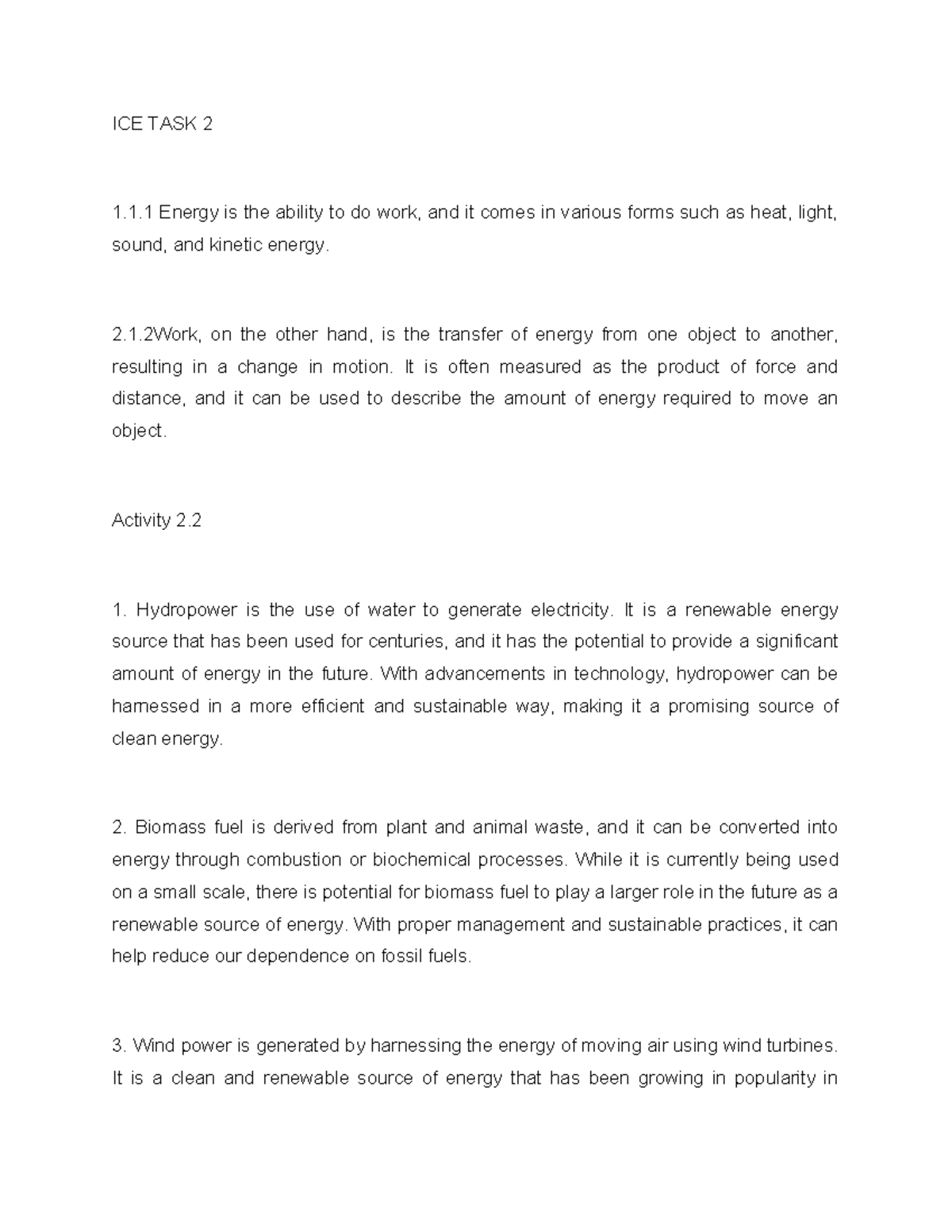 Tnstice TASK 2 - Ice Task - ICE TASK 2 1.1 Energy is the ability to do ...