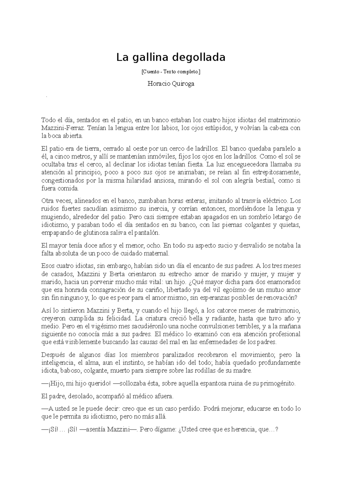 Lecturas Unidad 2 Espanol - La gallina degollada [Cuento - Texto ...