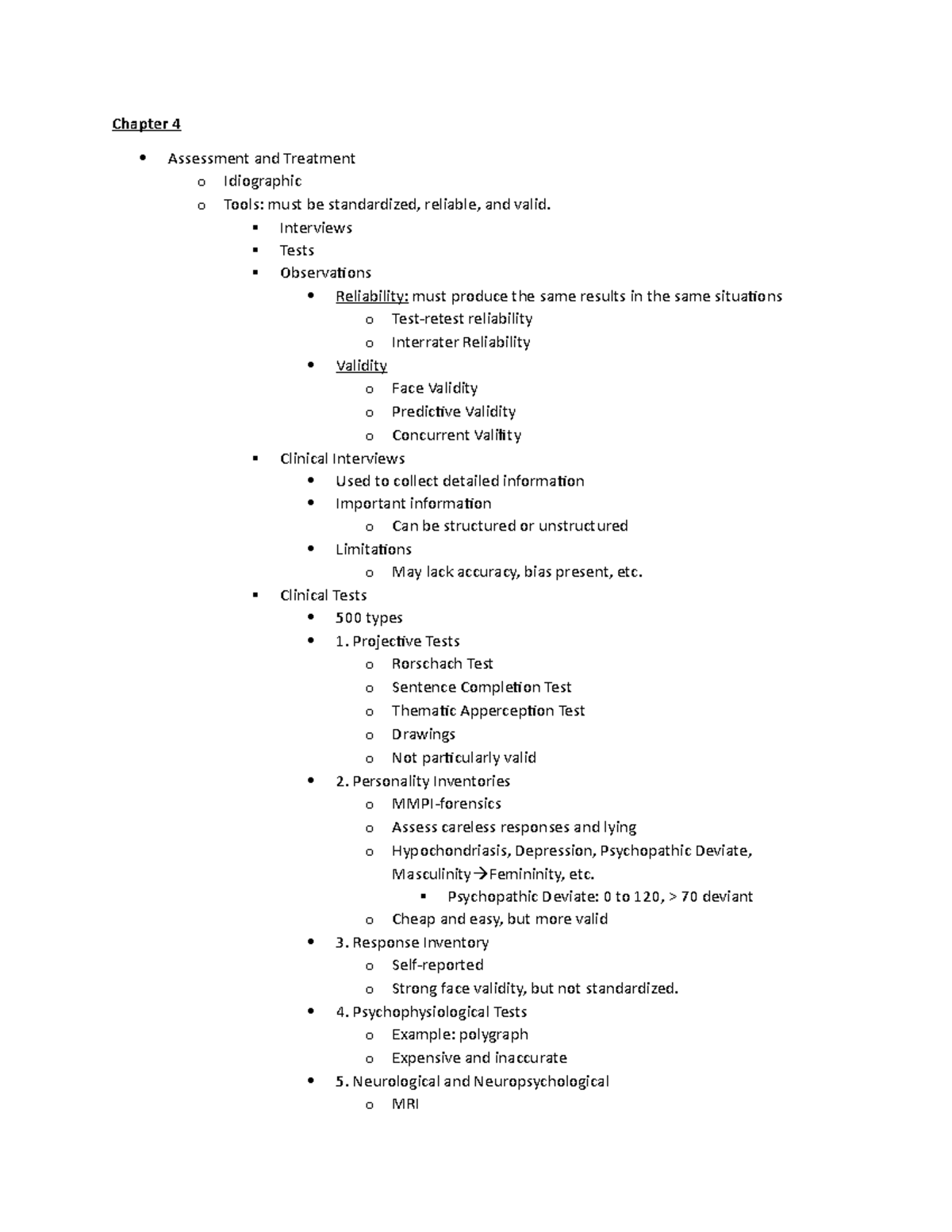 Chapter 4 - Notes - Chapter 4 Assessment and Treatment o Idiographic o ...