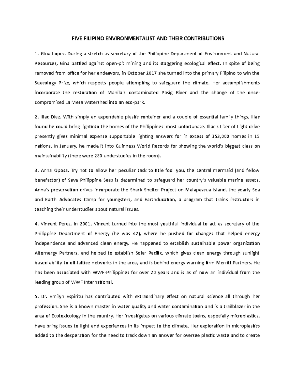 Five Filipino Environmentalist and their Contributions - FIVE FILIPINO ...