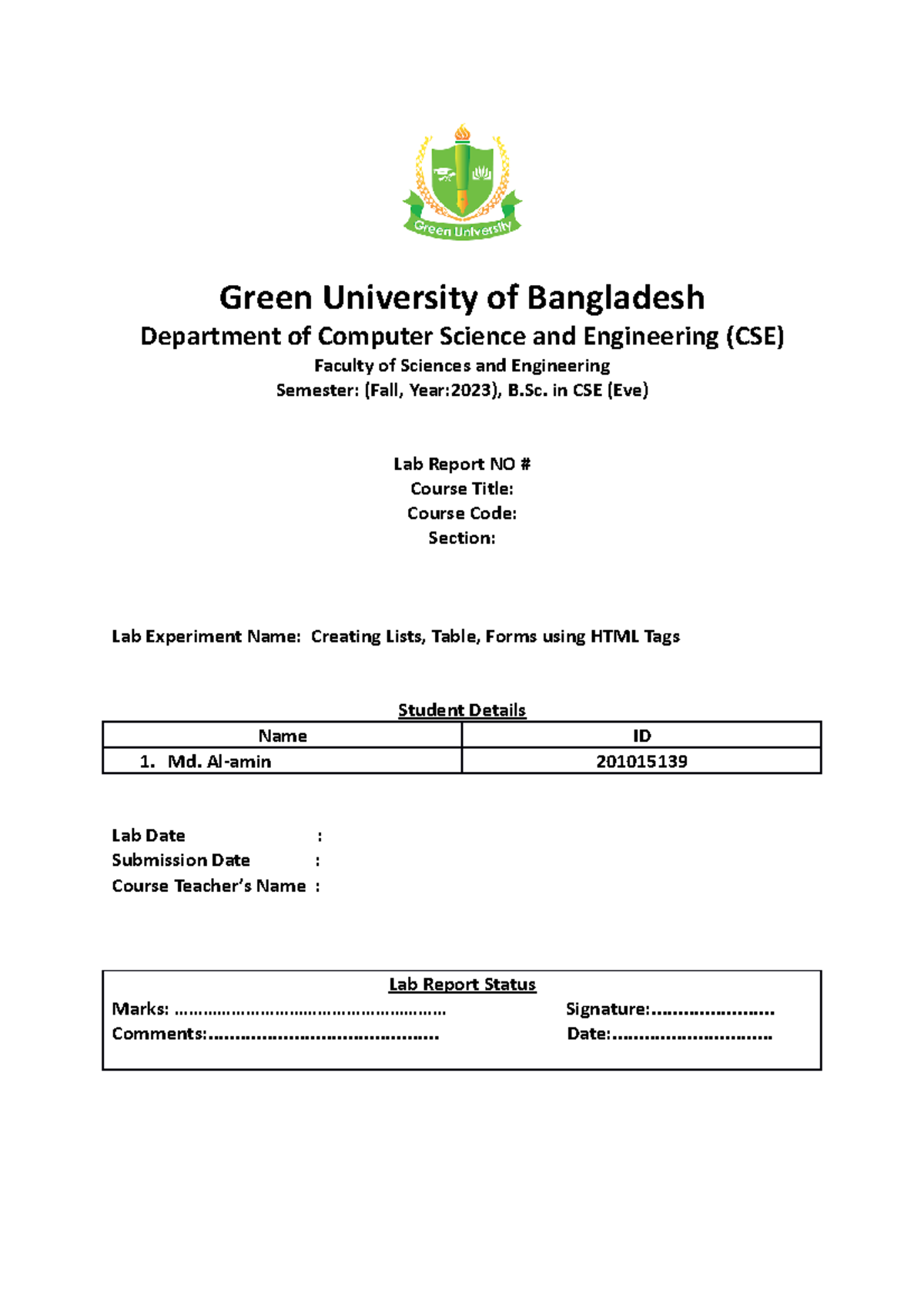 Web Lab 2 - Do the best - Green University of Bangladesh Department of ...