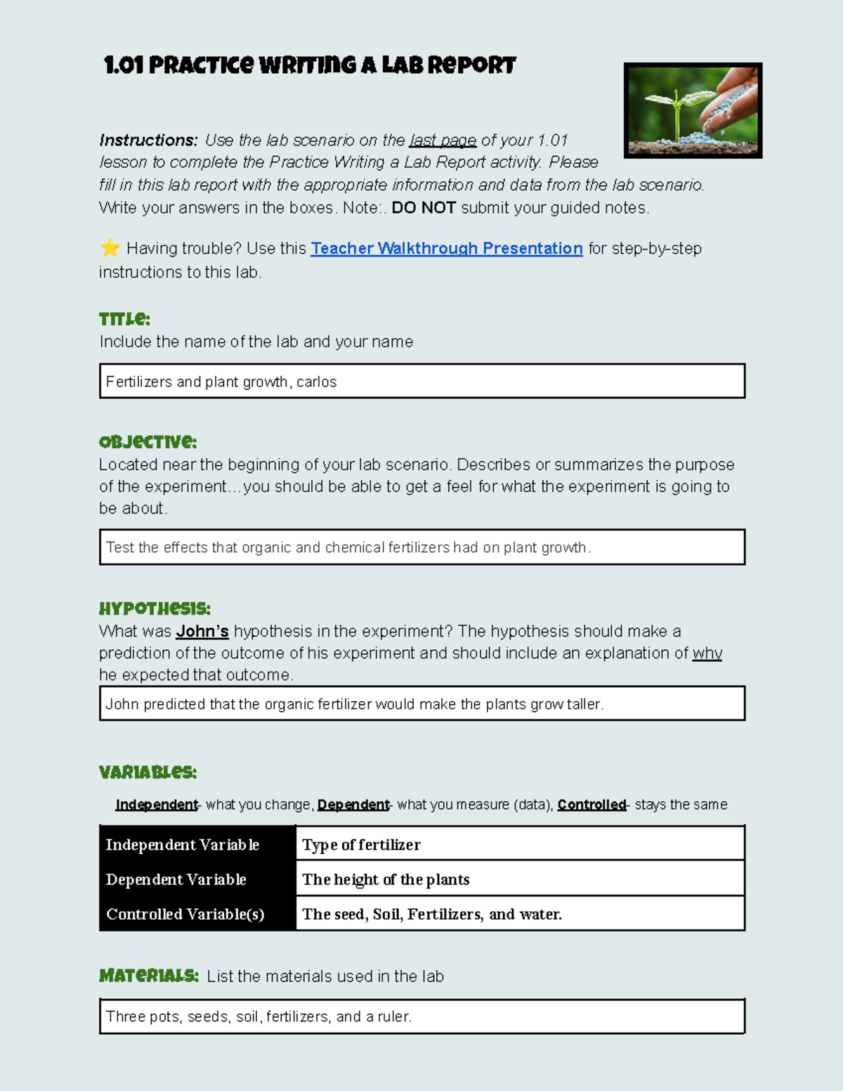 Copy of 1 01 Exploring Life Lab Report - 1 Practice Writing a Lab ...