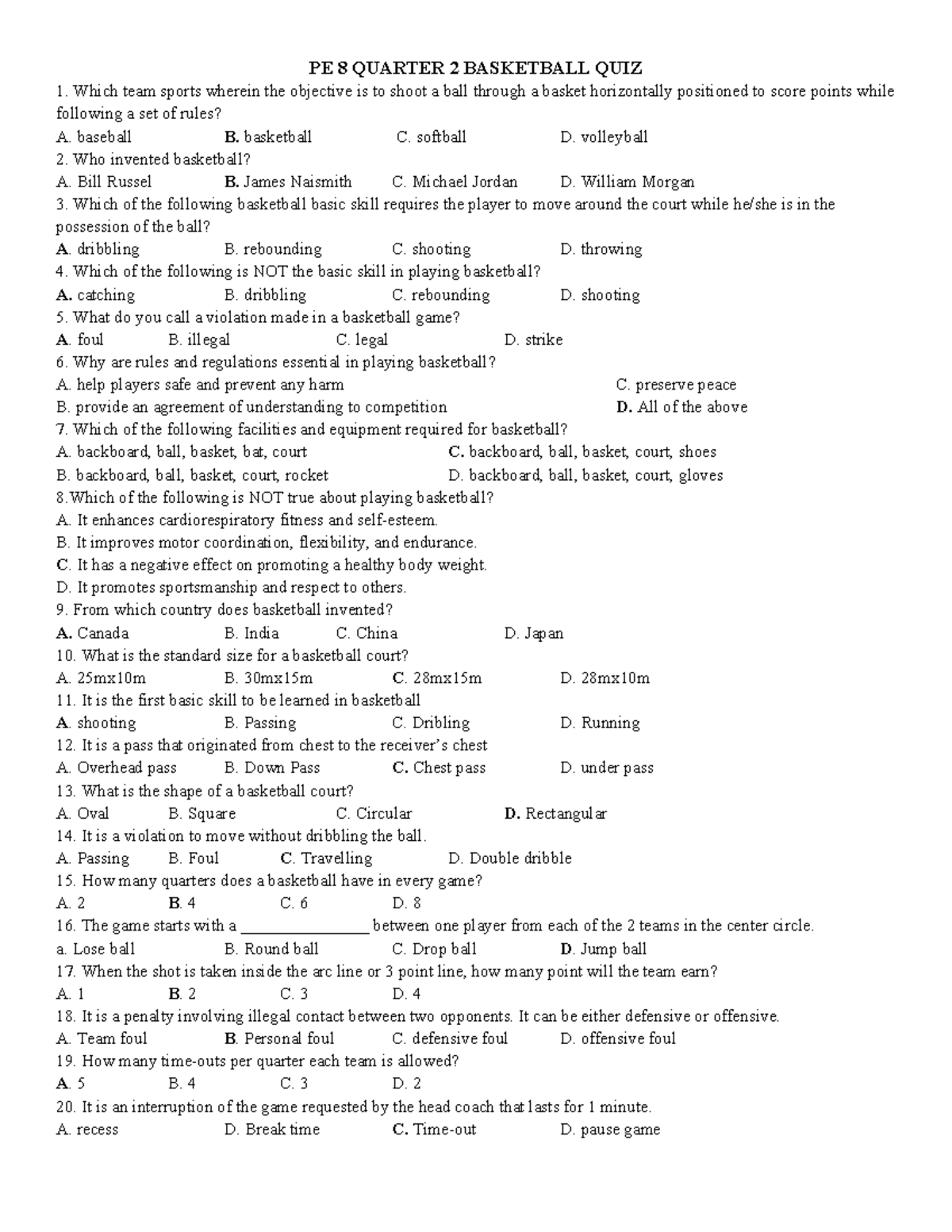 PE 8 Quarter 2 Basketball QUIZ - PE 8 QUARTER 2 BASKETBALL QUIZ Which ...