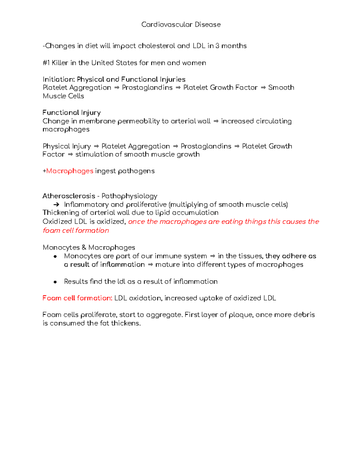 Cardiovascular Disease - Lecture Notes -Changes in diet will impact ...