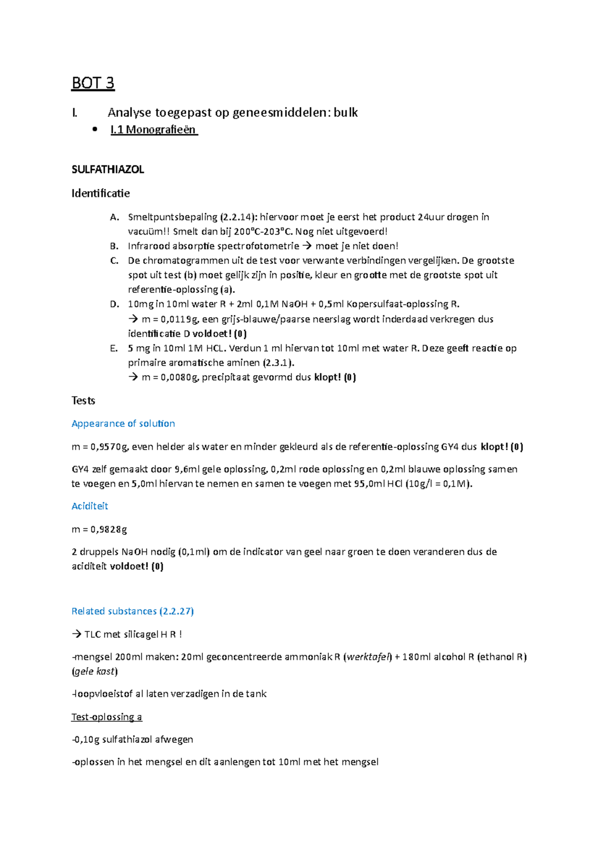 Algemeen samen - Stappen van verschillende proeven - BOT 3 I. Analyse ...