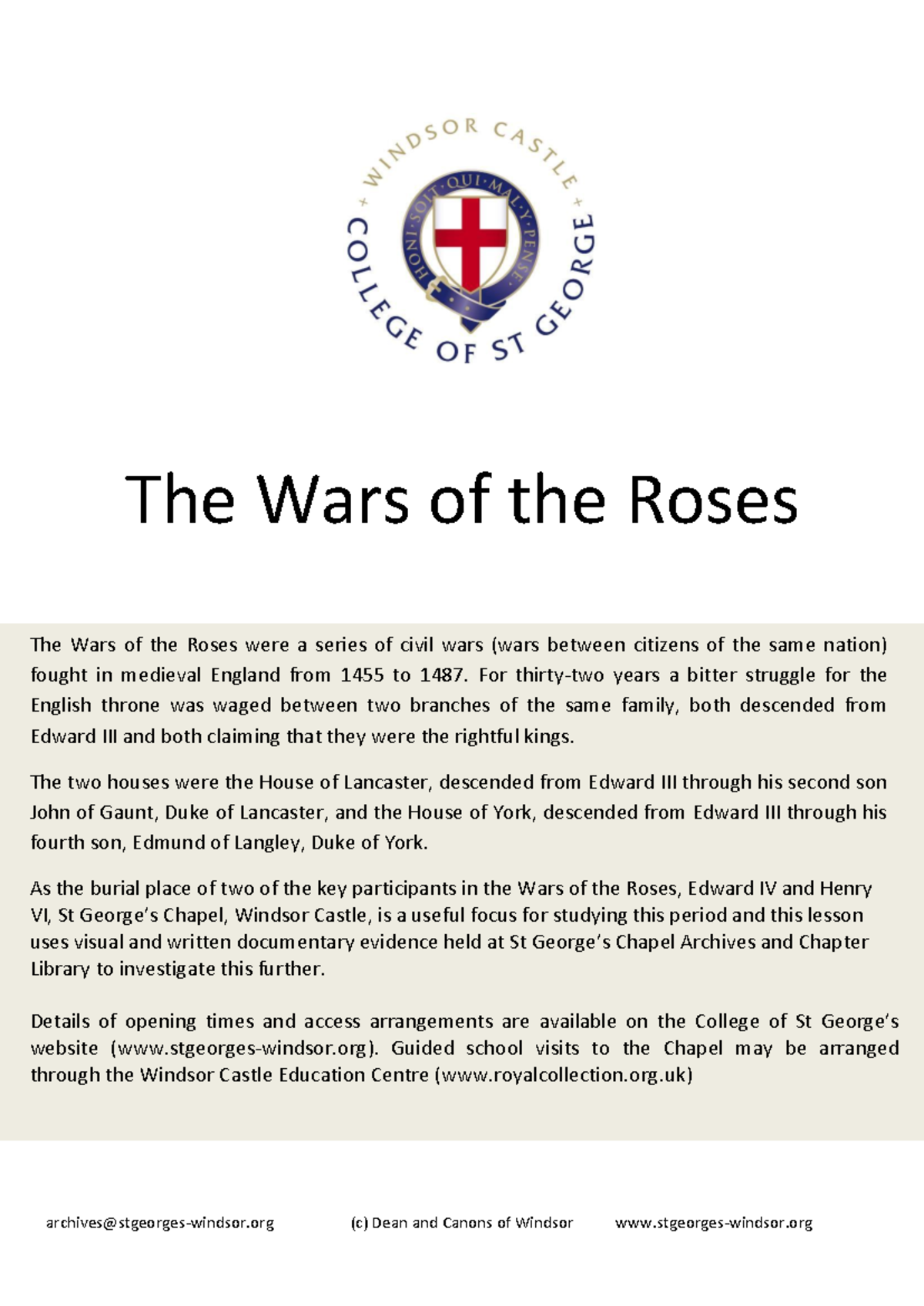Reading history war of roses summarative - The Wars of the Roses The ...