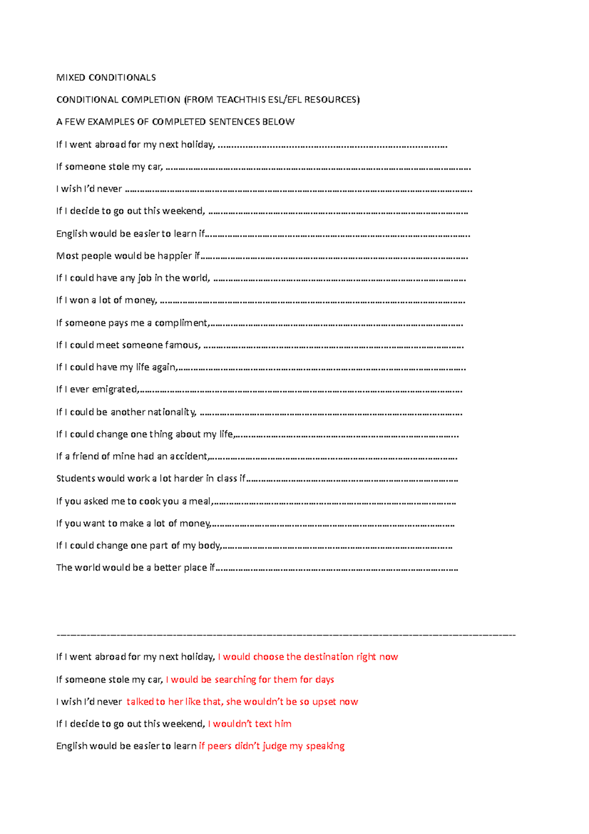 Mixed conditionals - MIXED CONDITIONALS CONDITIONAL COMPLETION (FROM ...