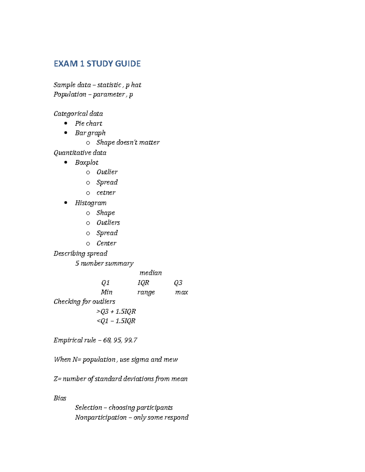 EXAM 1 Study Guide - Summary Statistics - EXAM 1 STUDY GUIDE Sample ...