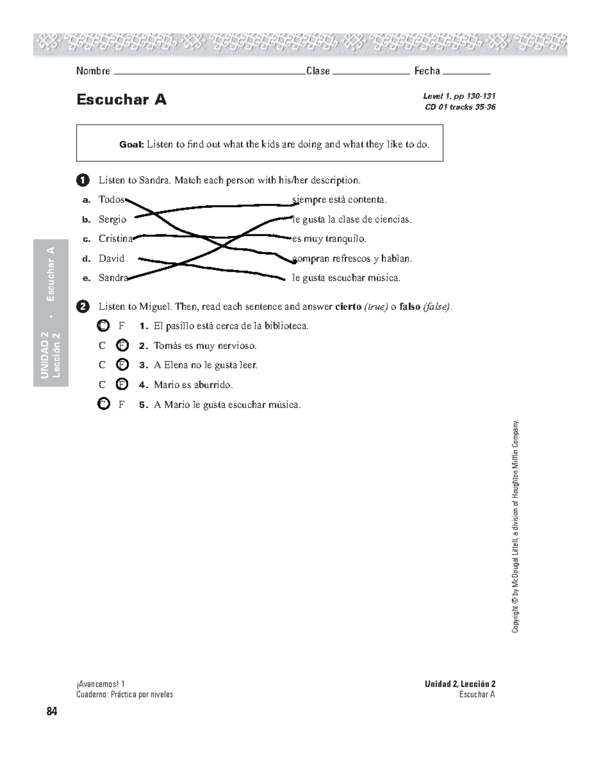 Gavrielle Alexander - SP1 U2.2 Escuchar ABC - Nombre ———————————————————— Clase ———————— Fecha ...