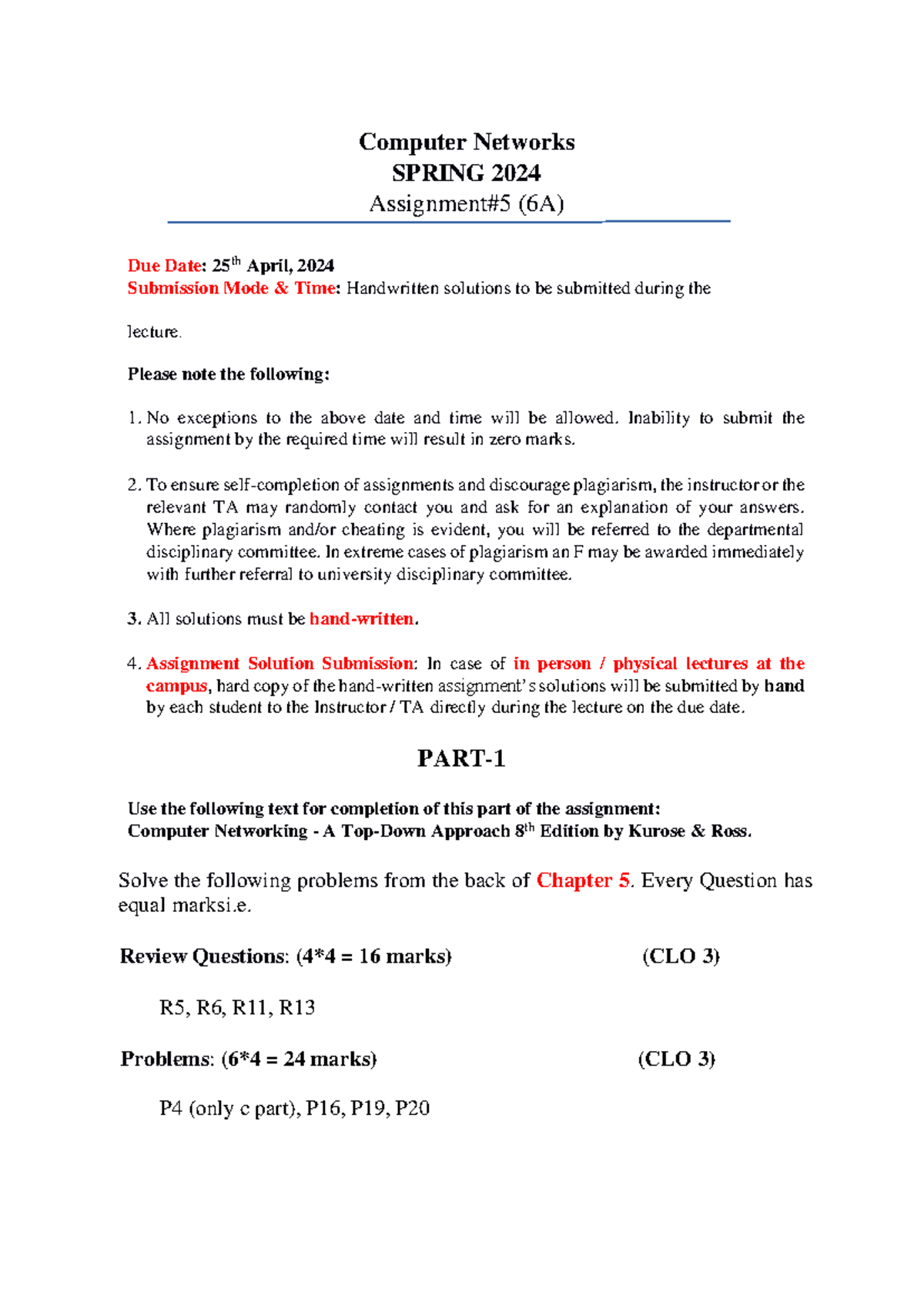 Cn Assignment5 Computer Networks Spring 2024 Assignment5 6a Due Date 25 Th April 2024 3084